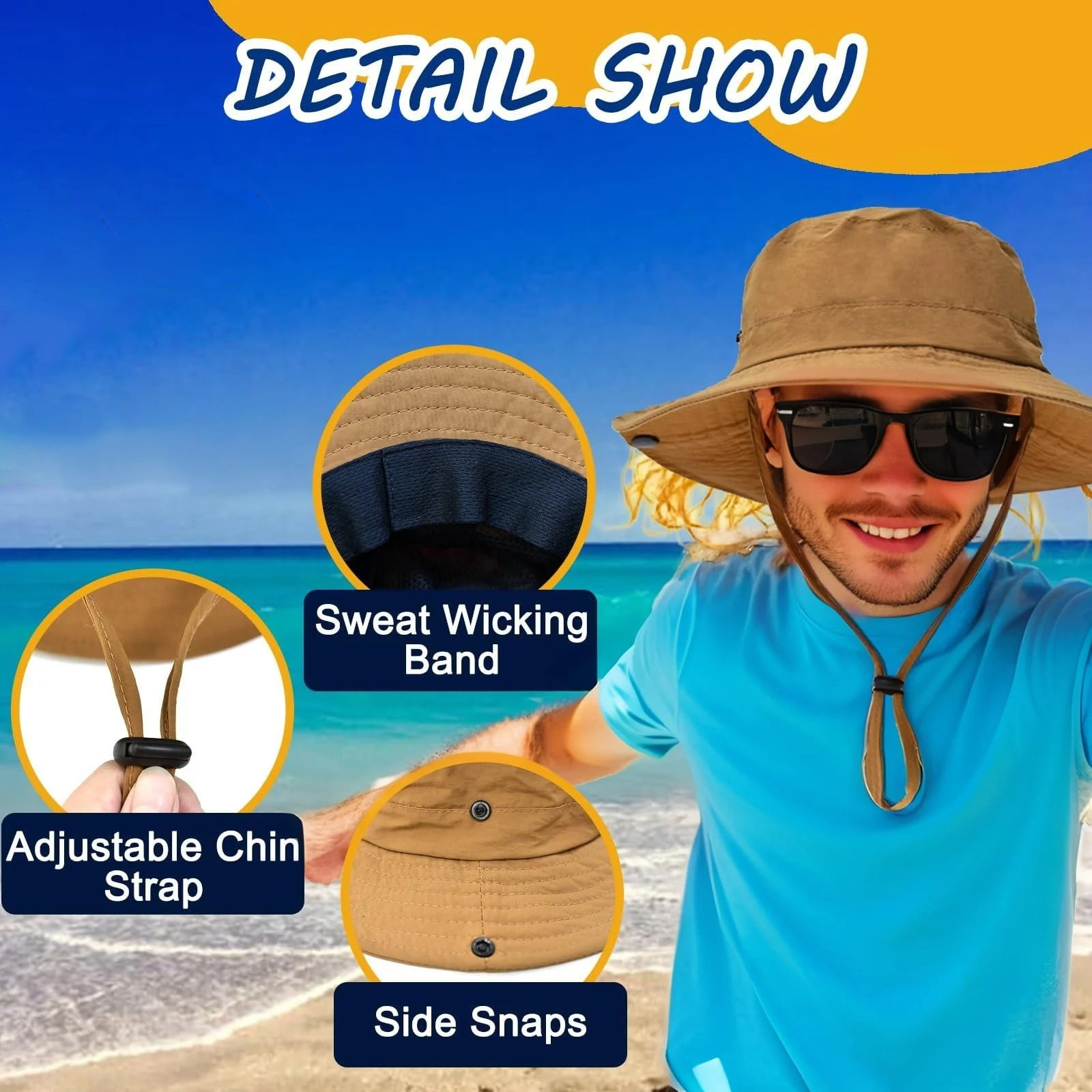 Sun Hats for Men Fishing Hat UPF 50+ Foldable Wide Brim Outdoor Hiking ...
