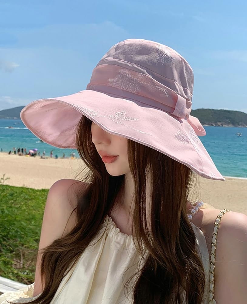 Sun Hats for Women, Wide Brim Bucket Hats for Women with Bow, Foldable ...