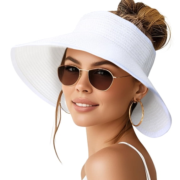 Sun Hats for Women Wide Brim Ponytail Straw Beach Hat Packable Foldable ...
