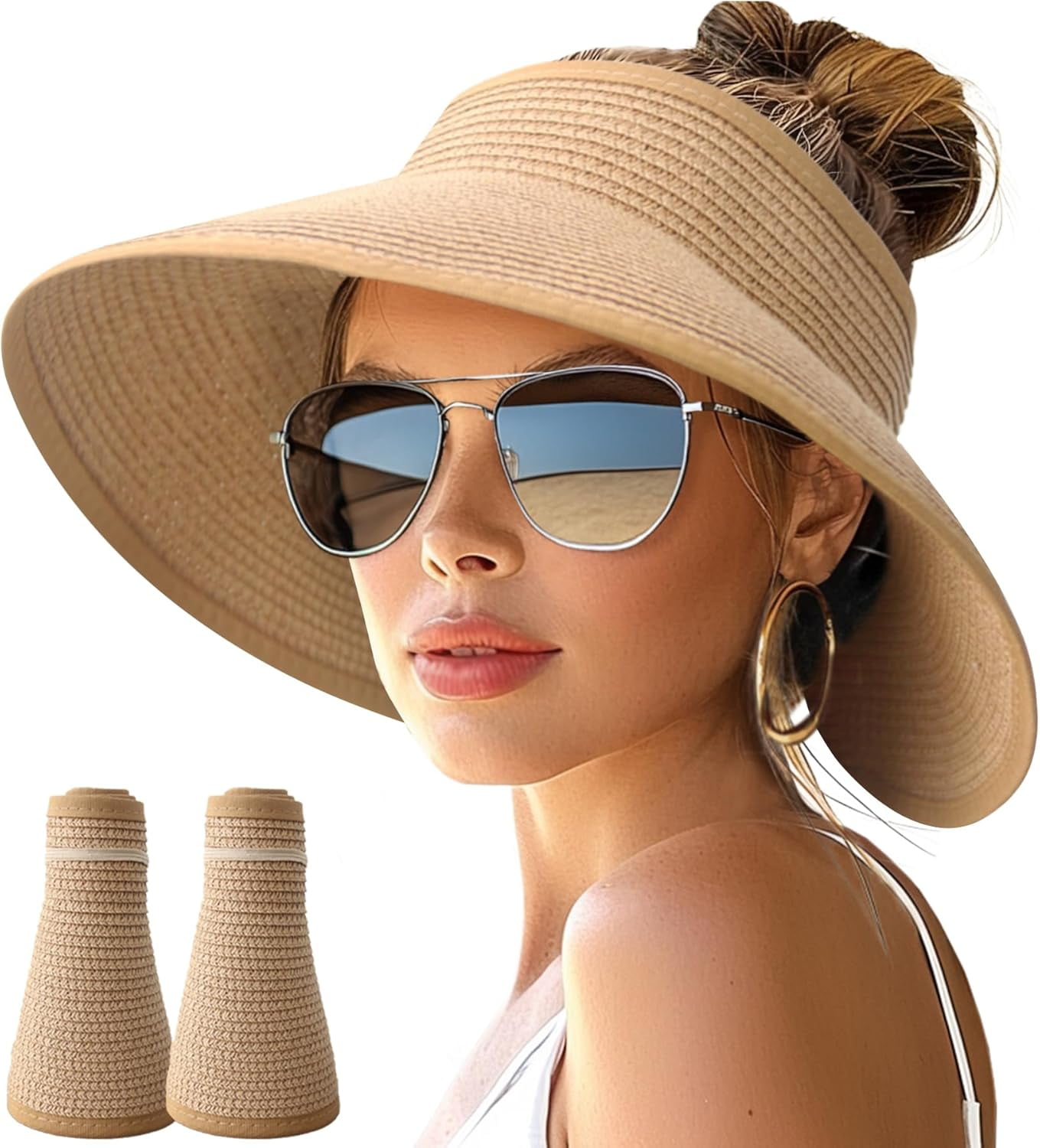 Sun Hats for Women Wide Brim Roll-Up Beach Ponytail Hat Packable Foldable Travel Straw Visor ...