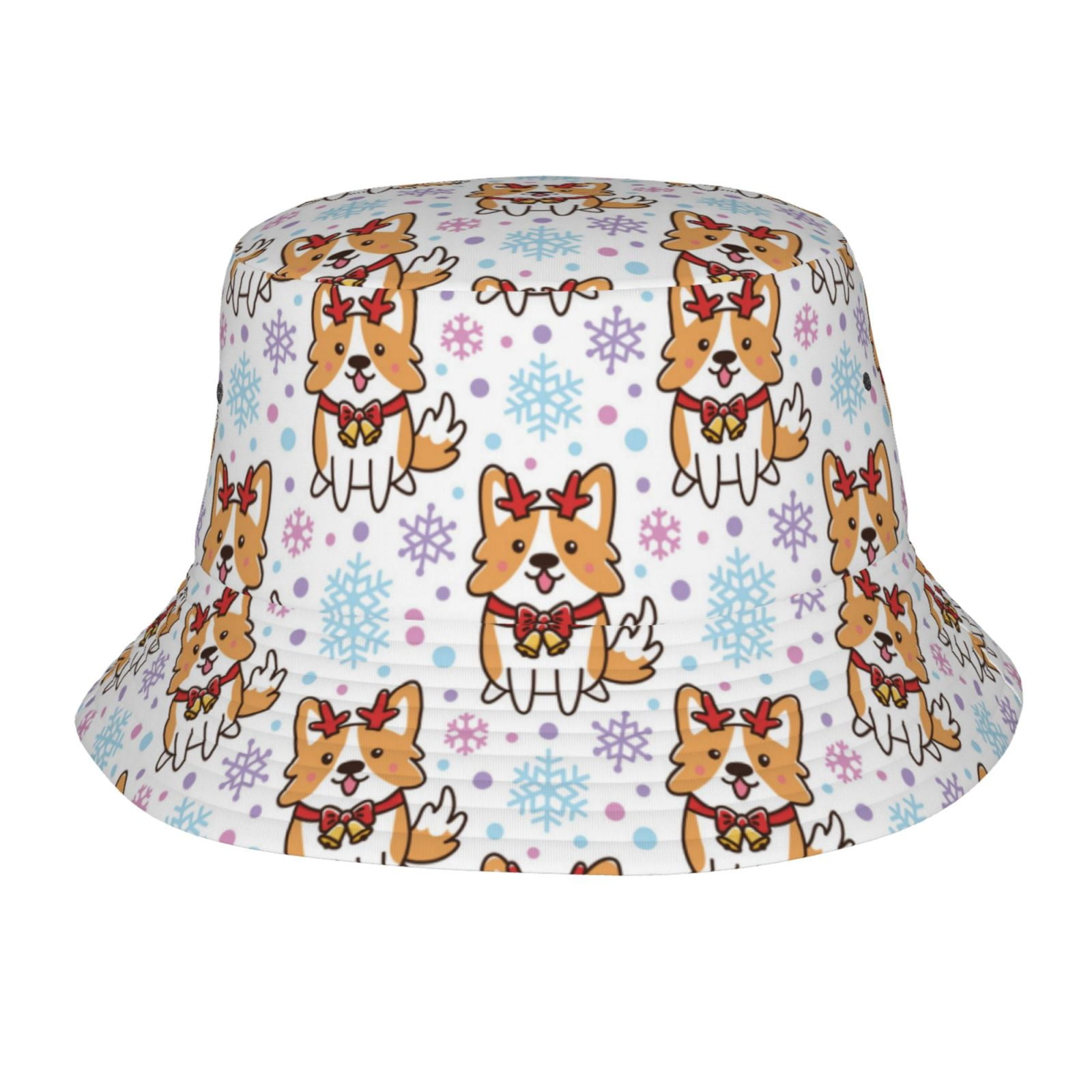 Sun Hats for Women and Men Cute Antlers Corgi Dog Snowflake Packable Bucket Hat, Sun Protction ...