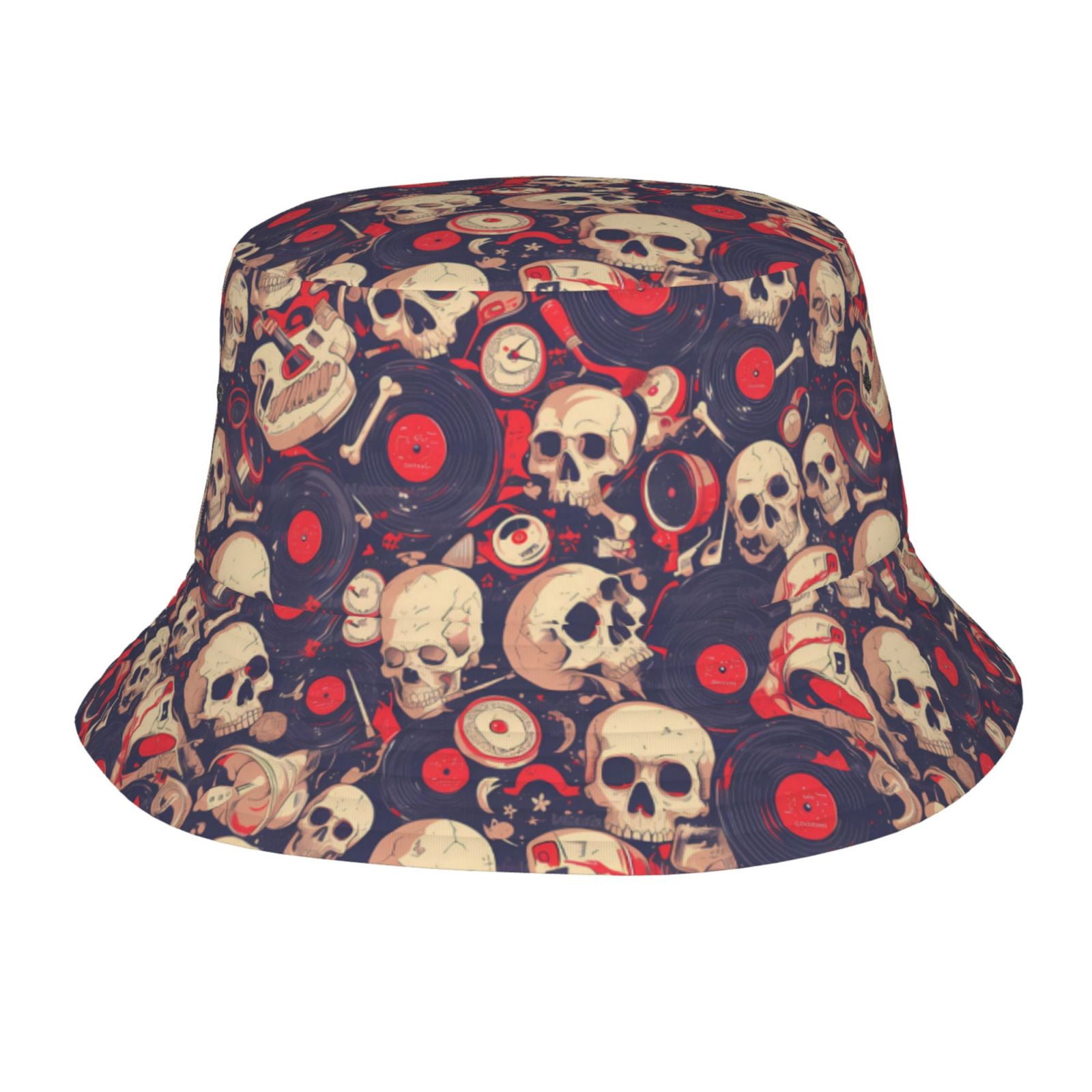 Sun Hats for Women and Men Skull rock music record Packable Bucket Hat ...
