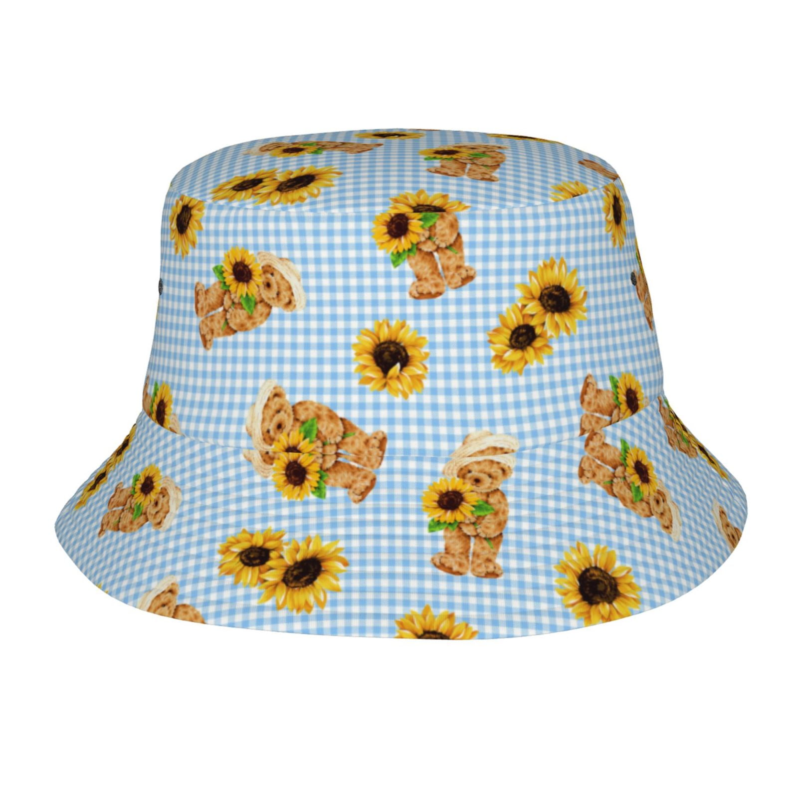 Sun Hats for Women and Men bear sunflower checkered blue Packable Bucket Hat, Sun Protction ...