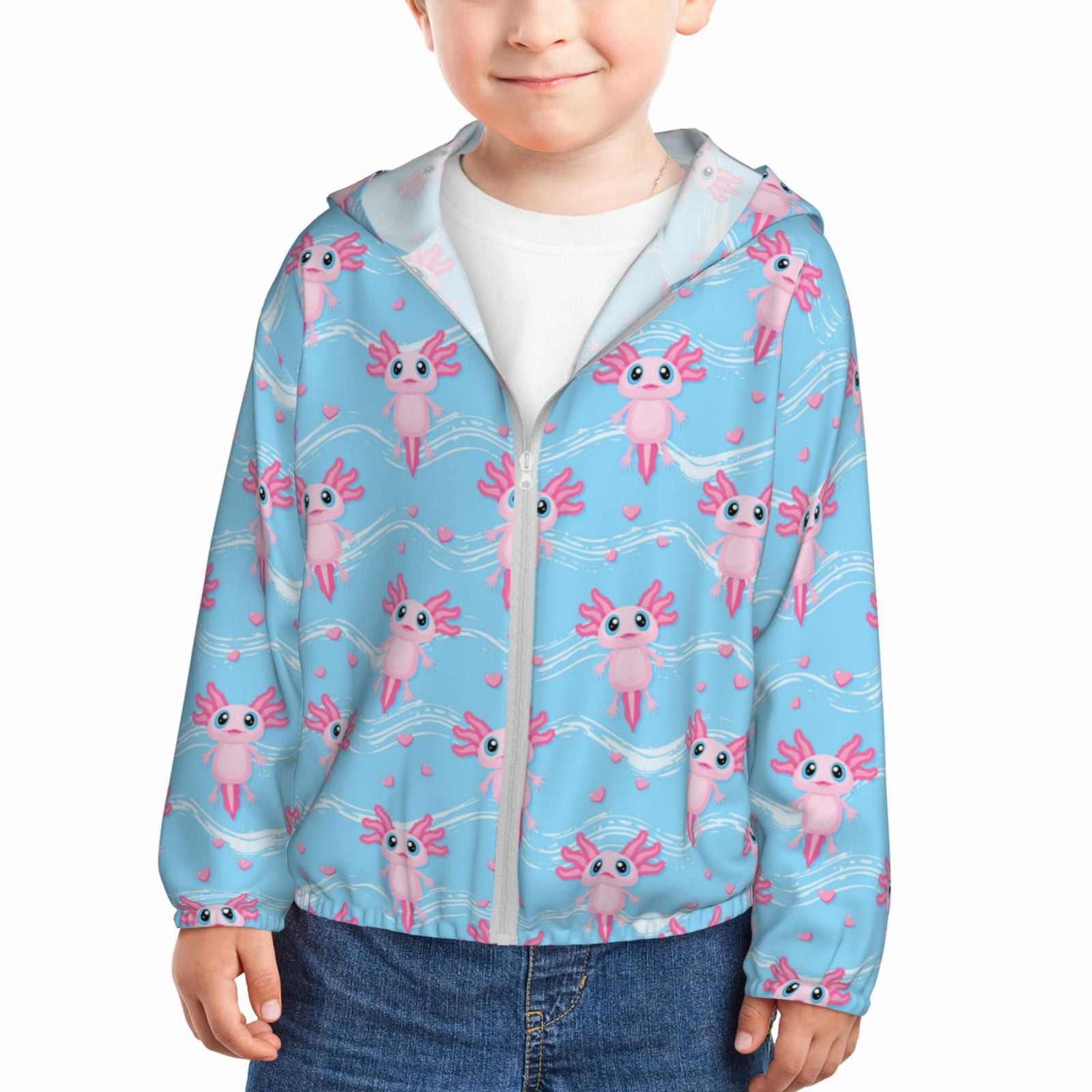 Sun Hoodie for Kids Cute Pink Axolotl Wavy blue Long Sleeve Swim Fishing Shirts, Sun Protection ...