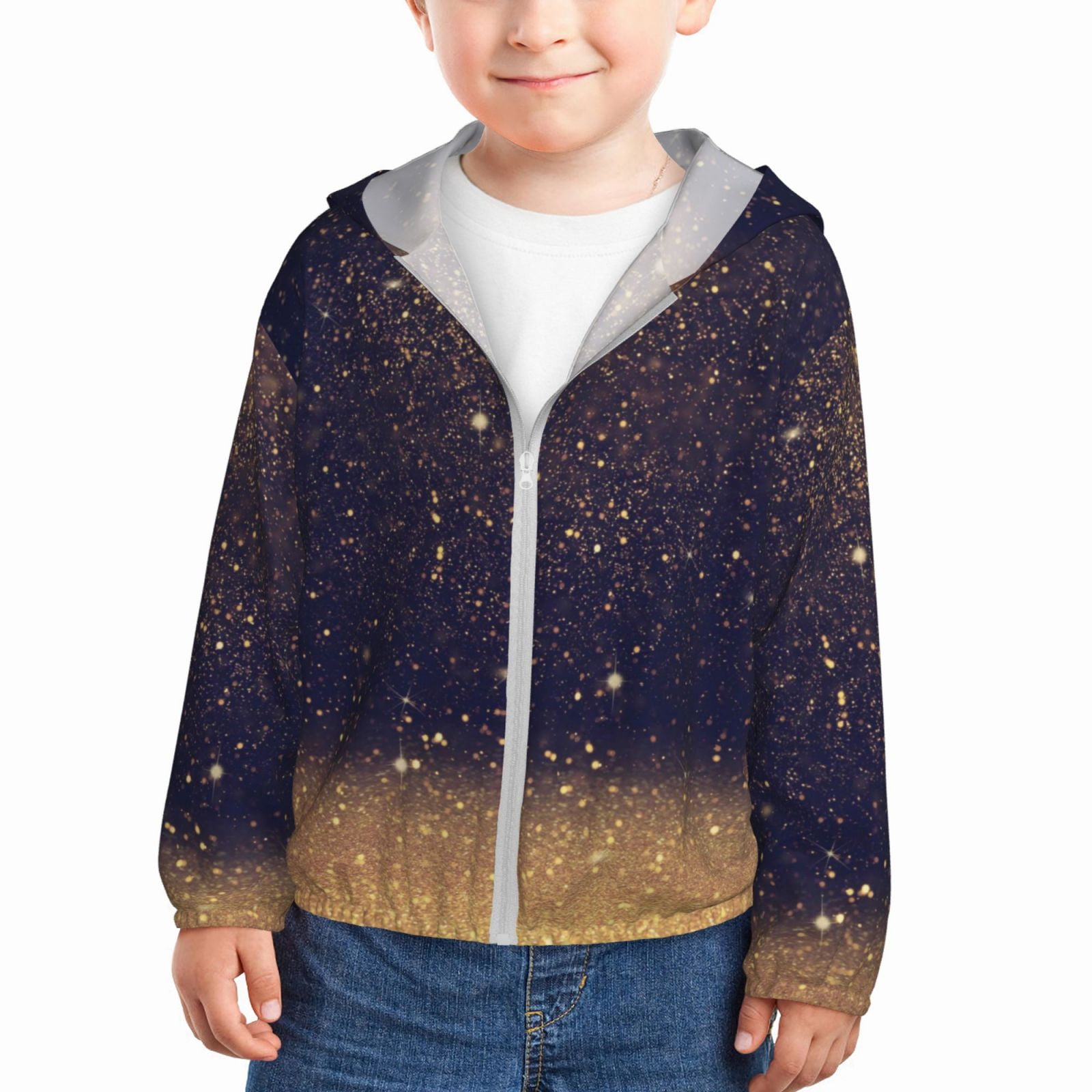 Sun Hoodie for Kids Gold Black Glitter Long Sleeve Swim Fishing Shirts, Sun Protection Zip Up ...