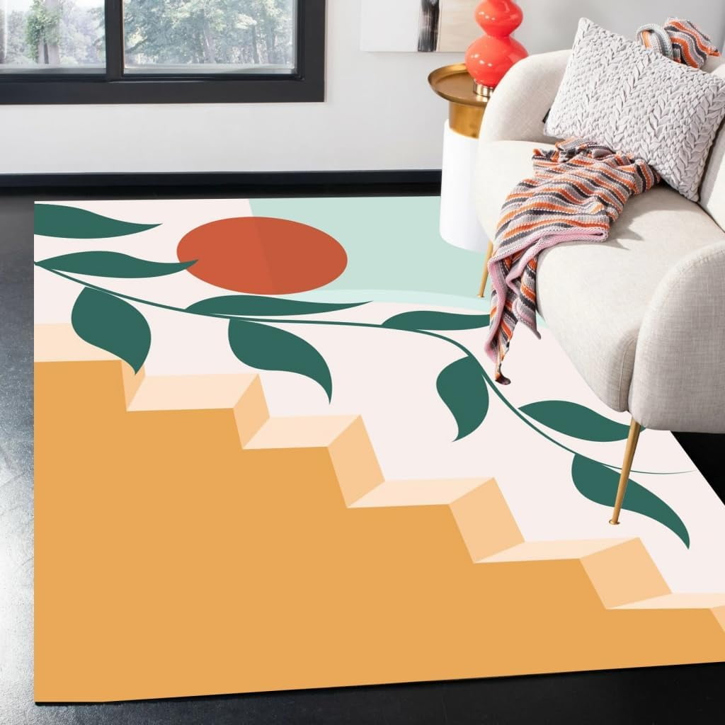Sun And Leaves Pattern Mid Century Modern Minimalist Area Rug For ...