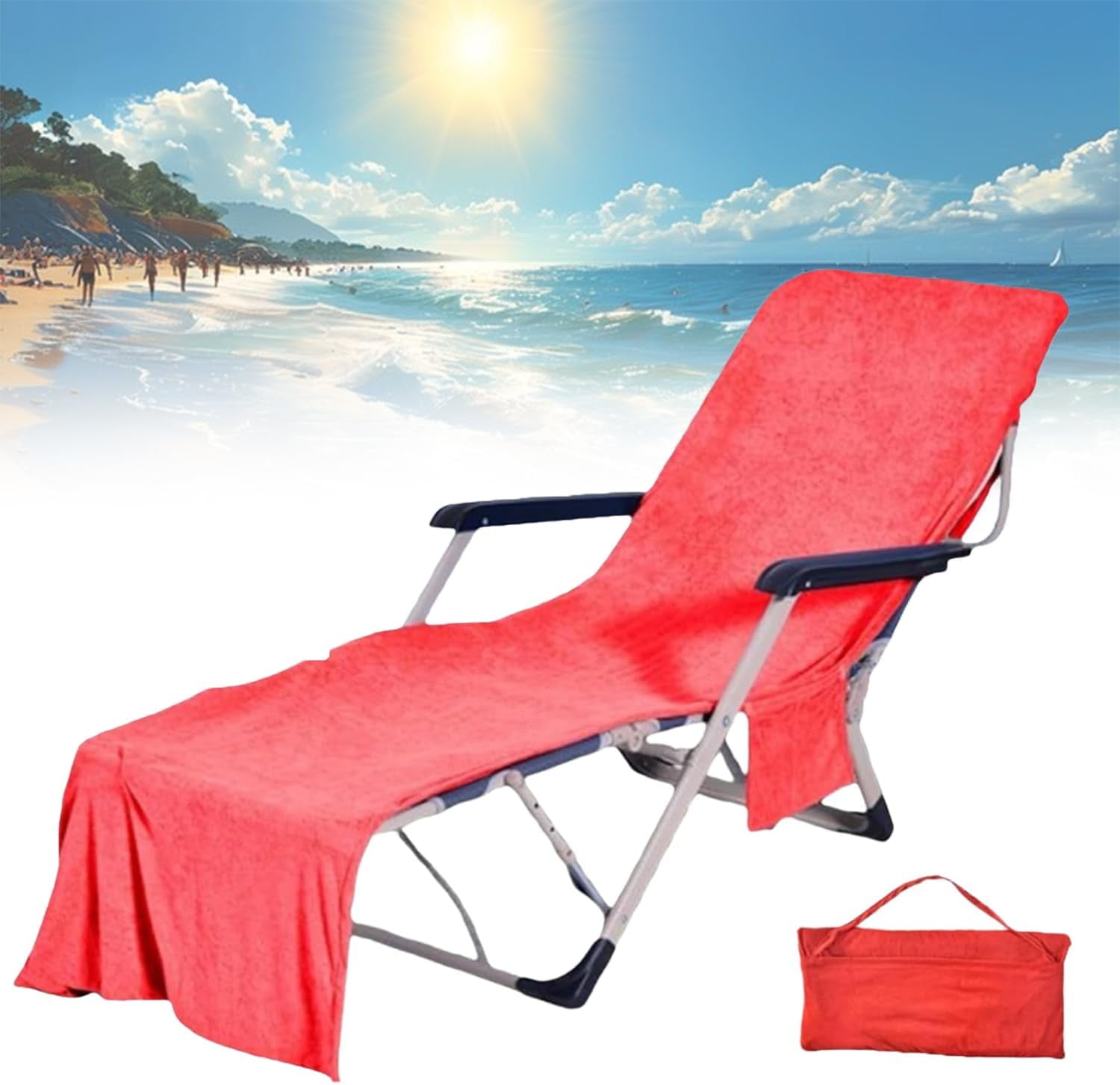 Sun Lounger Towel in Bag with Pockets Storage - 82.6x28.7 Inch, Beach Chair Cover, Beach Towel ...