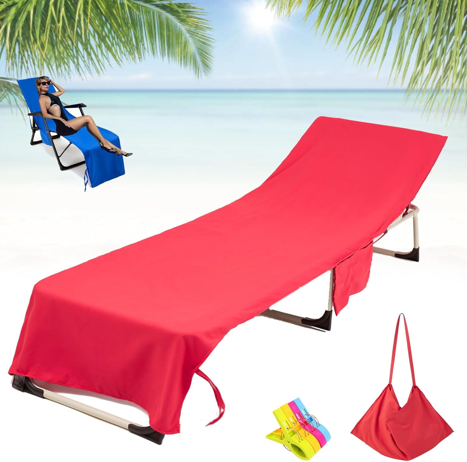 Sun Lounger Towel in Bag with Pockets Storage, Beach Towel with Pockets ...