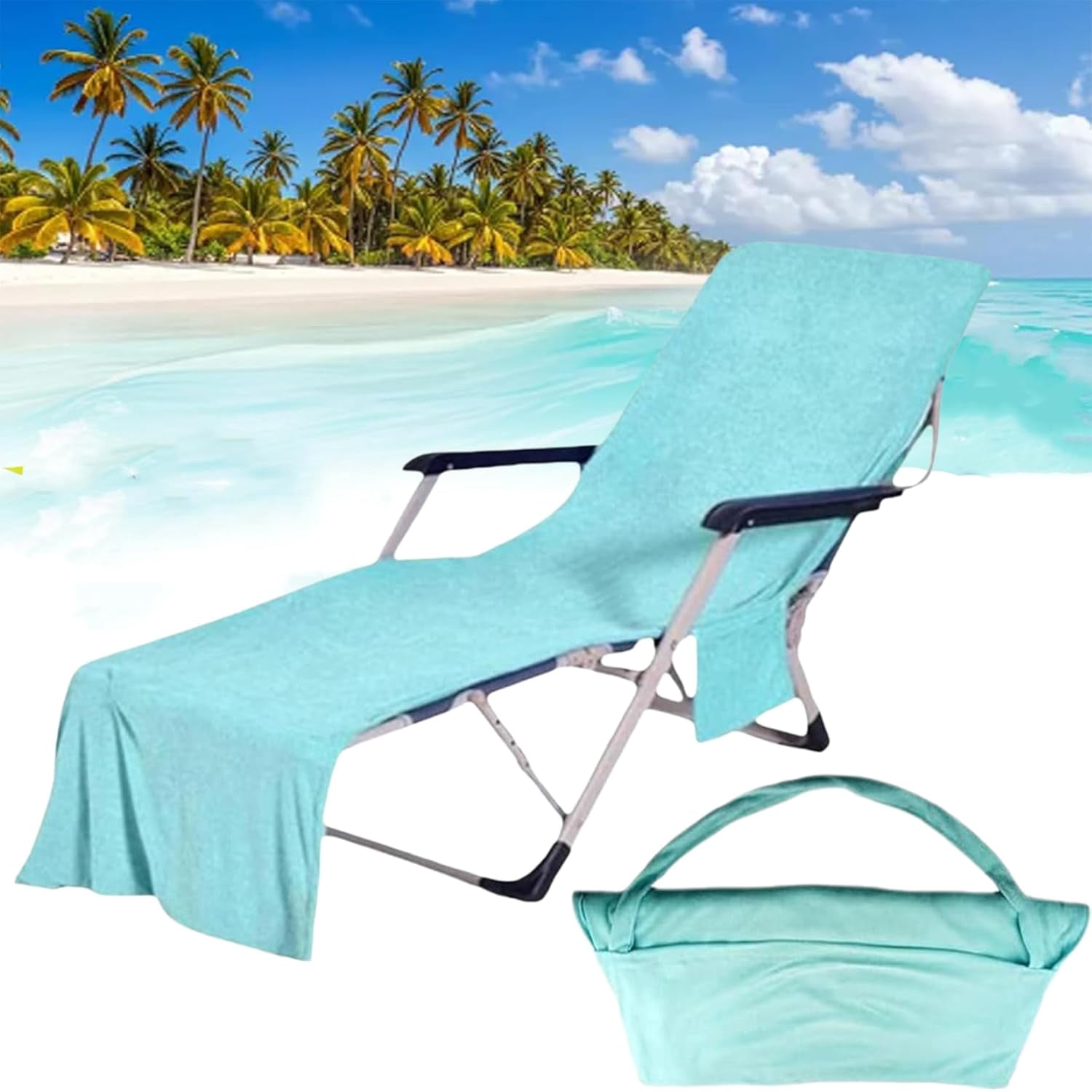 Sun Lounger Towel in Bag with Pockets Storage, Sun Beach Chair Cover ...