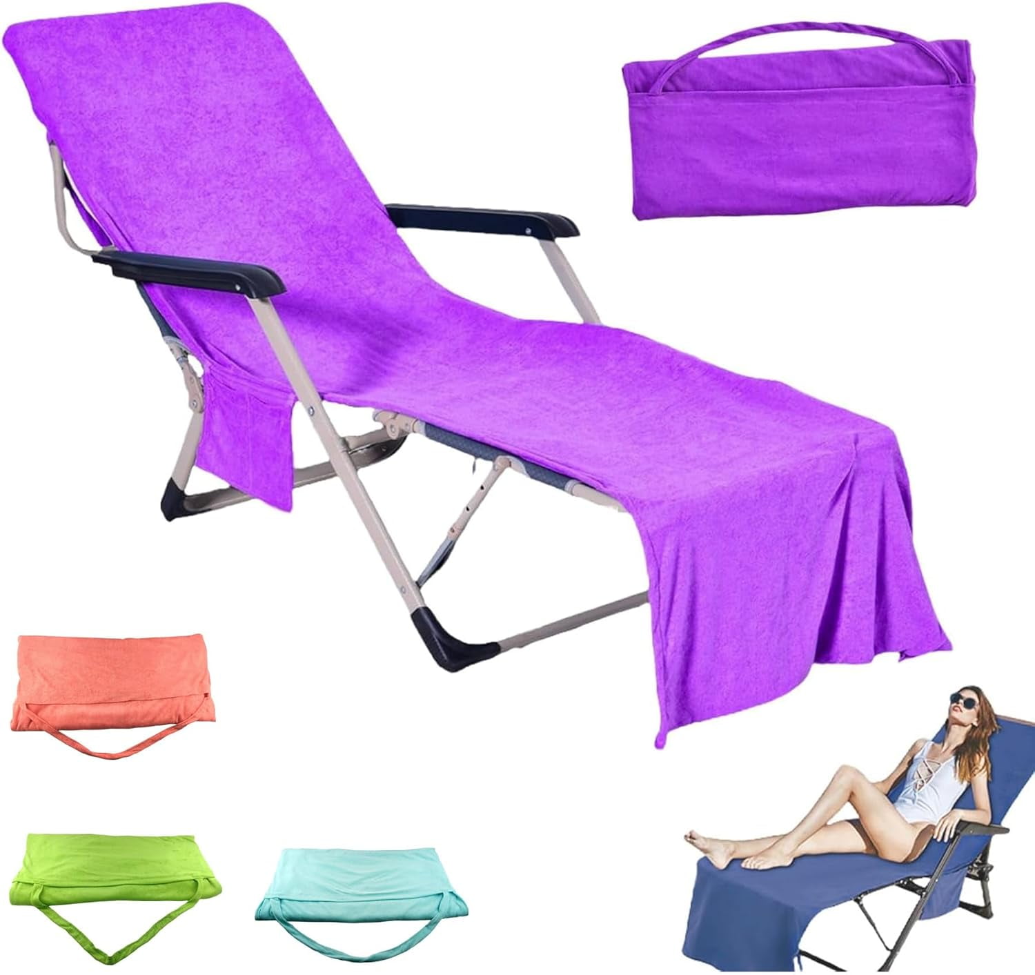 Sun Lounger Towel in Bag with Pockets Storage, Towel Pool Chair Cover ...
