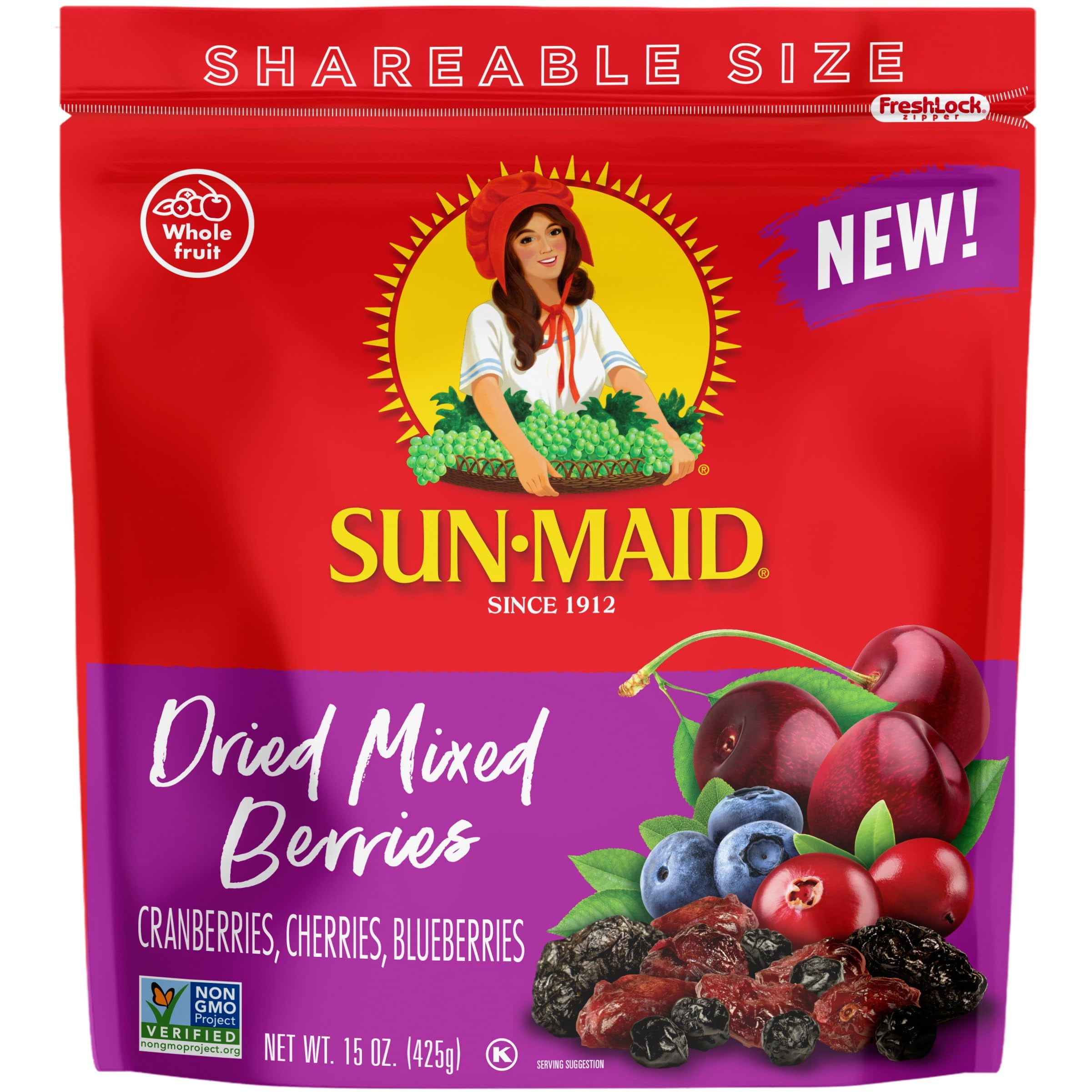 Sun-Maid Dried Mixed Berries SE33 - 15 oz Resealable Bag - Cranberries ...