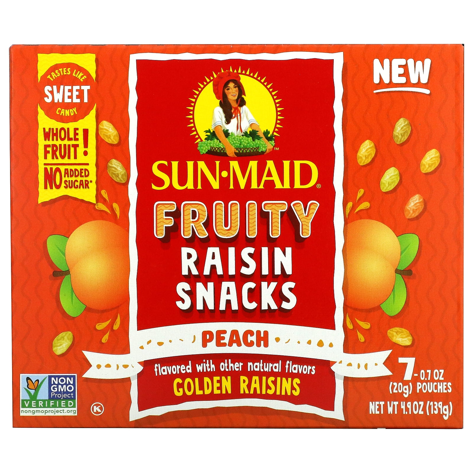 Sun-Maid Fruity Raisin Snacks, Peach, 7 Pouches, 0.7 oz (20 g) Each ...
