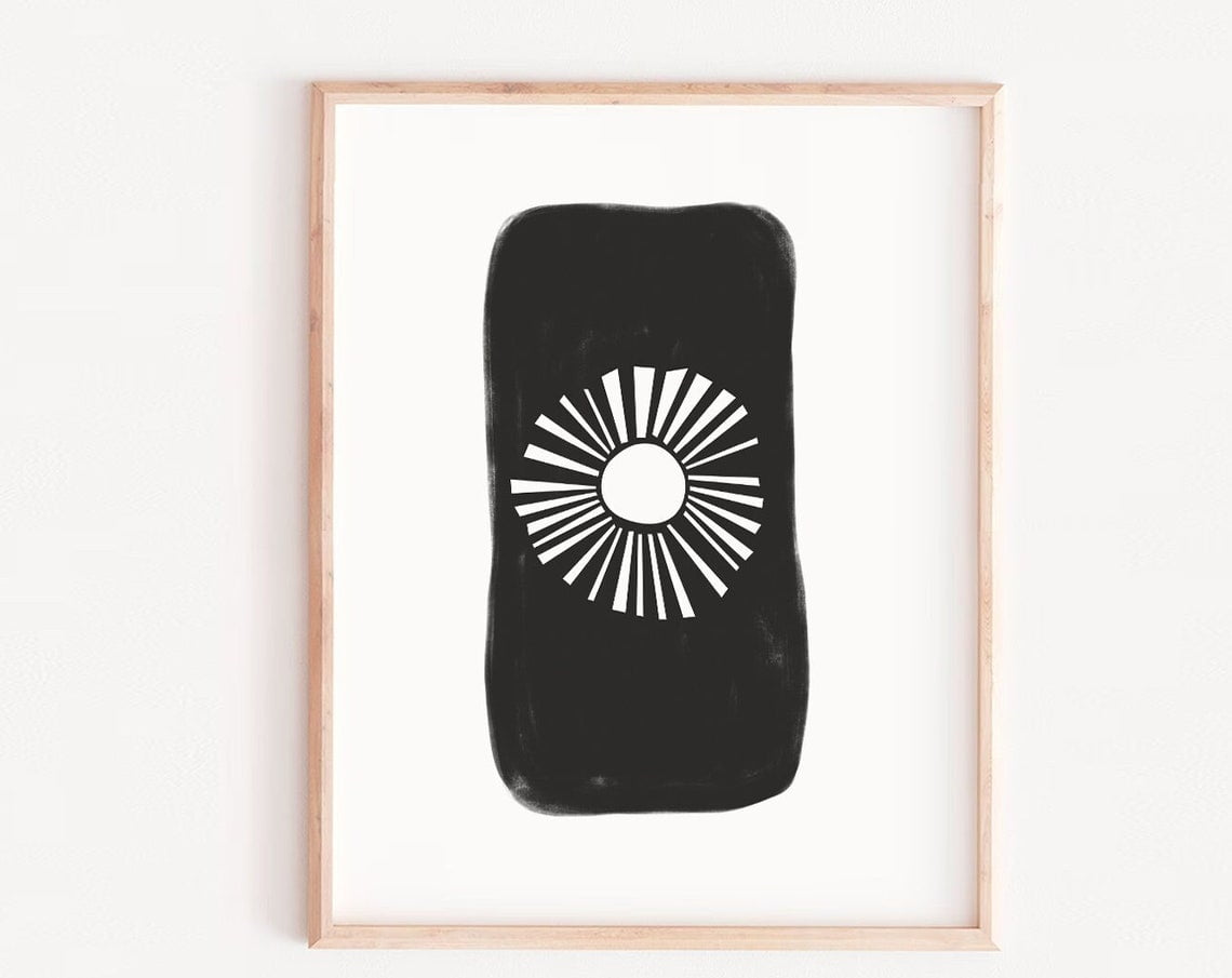Sun Modern Wall Art, Mid Century Modern, Block Print Style, Black Print ...