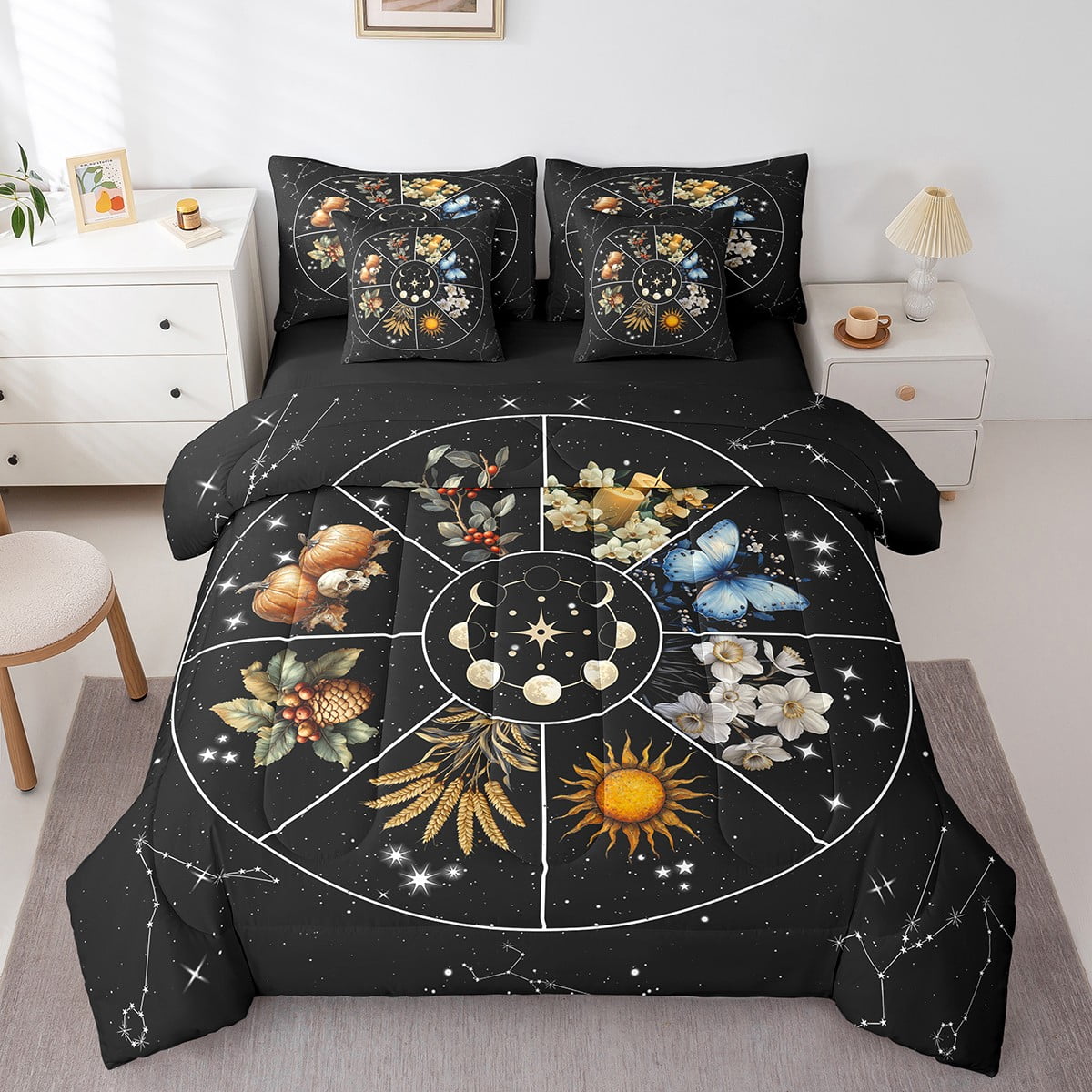 Sun and Moon 7Pcs Comforter Set Twin,Rustic Floral Plants Bedding Sets ...