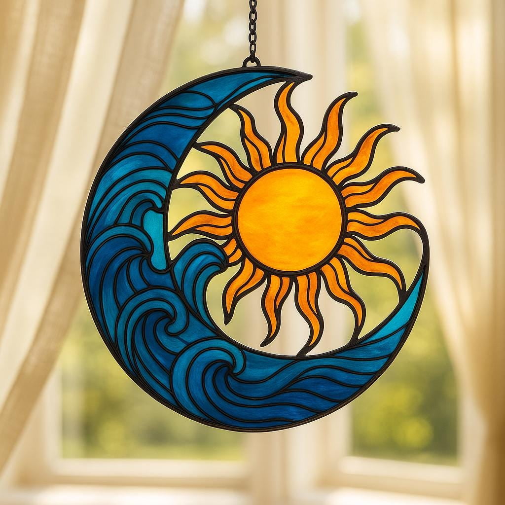 Sun & Moon Acrylic Suncatcher Ocean Wave Window Hanging, Celestial Sun ...