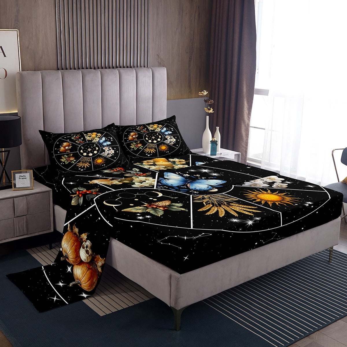 Sun and Moon Bedding Set Queen Size,Rustic Floral Plants Bed Sheet ...