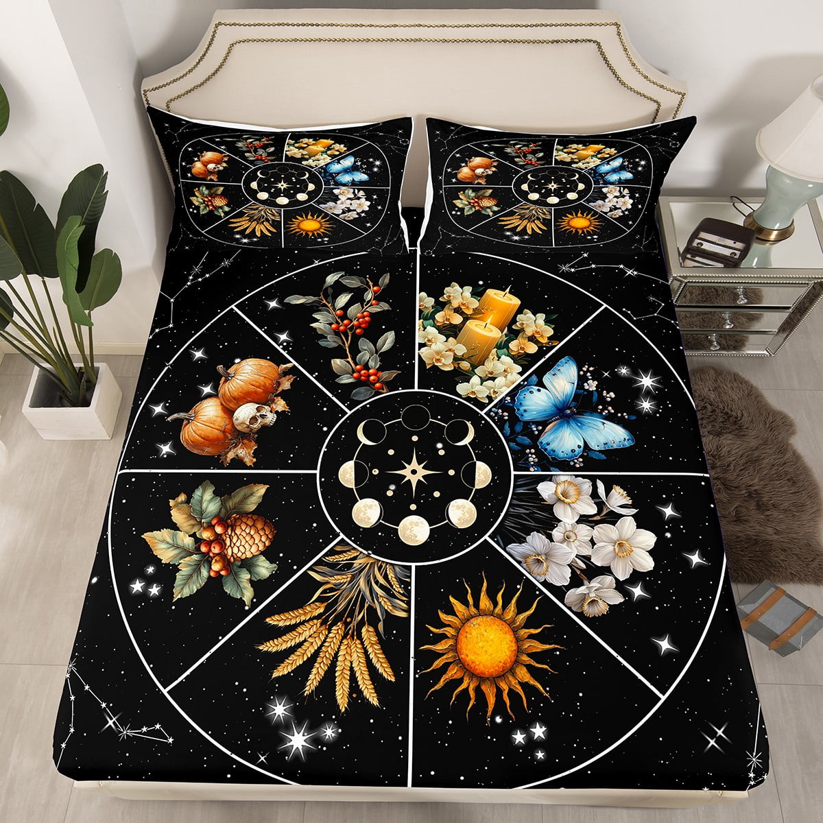 Sun and Moon Bedding Set Queen Size,Rustic Floral Plants Fitted Sheet Teens Room Decor,Starry ...