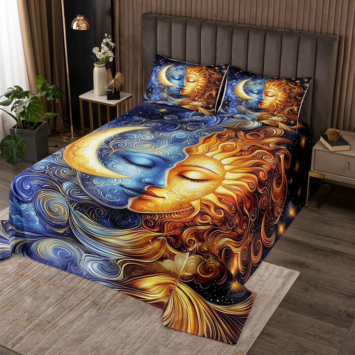 Sun Moon Bedspread Set Galaxy Glitter King Quilt Set,Bohemian Decor ...