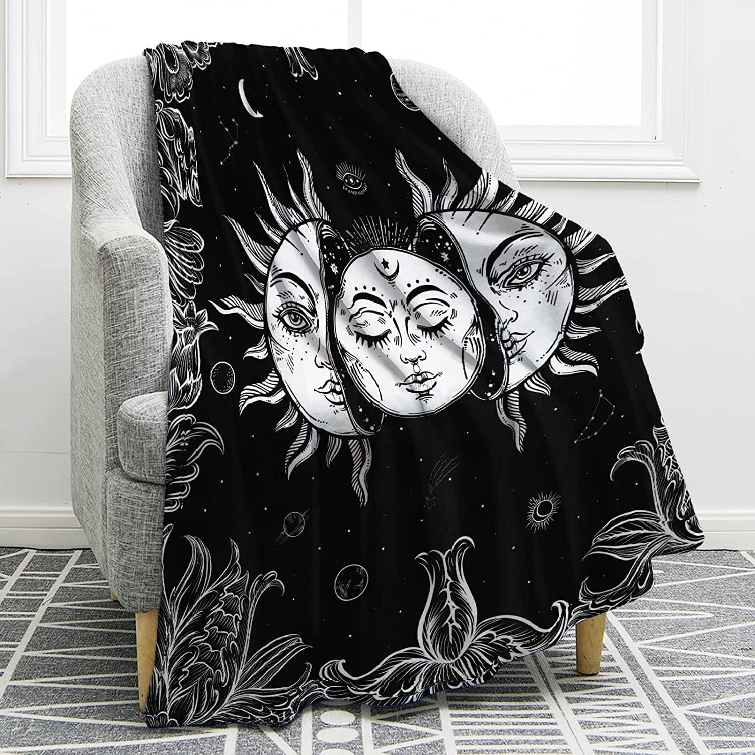 Sun Moon Blanket Stars Space Psychedelic Black and White Print Throw ...