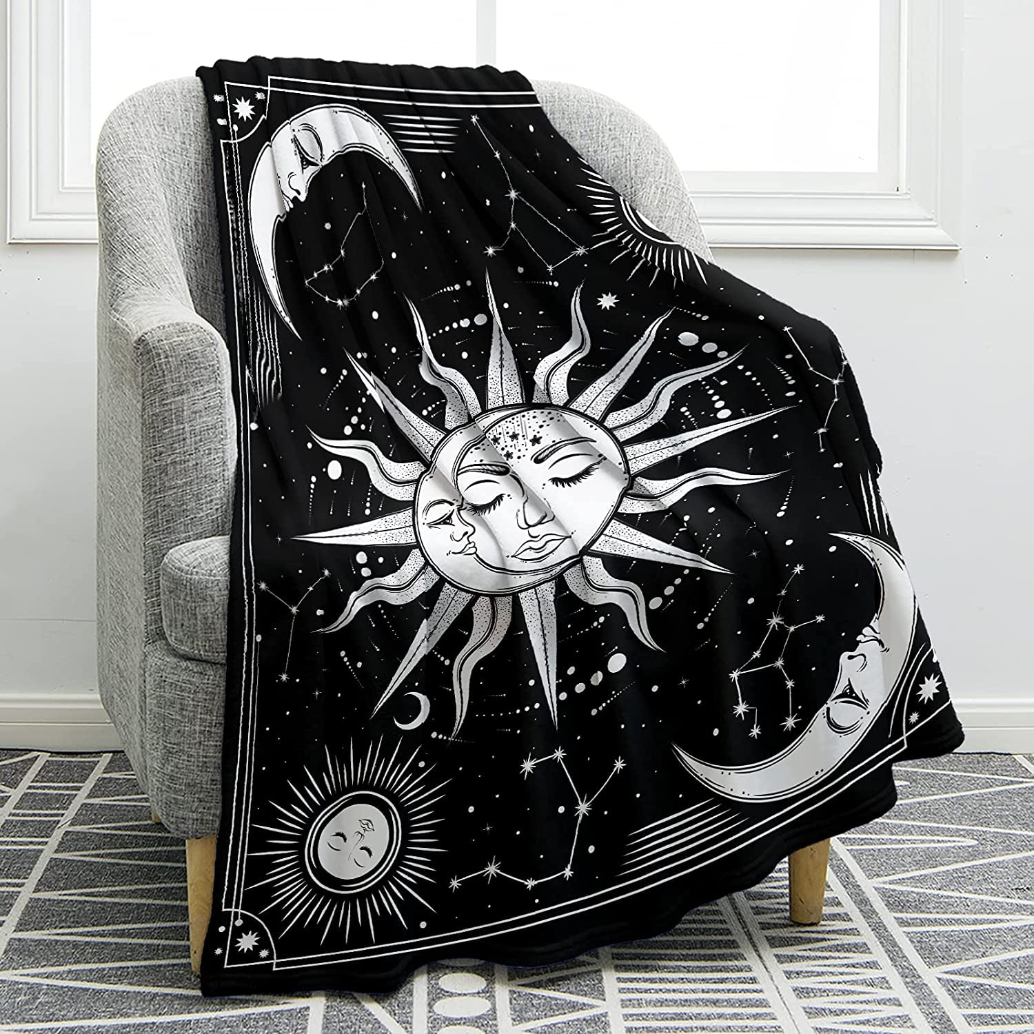 Sun Moon Blanket Stars Space Psychedelic Black and White Print Throw ...