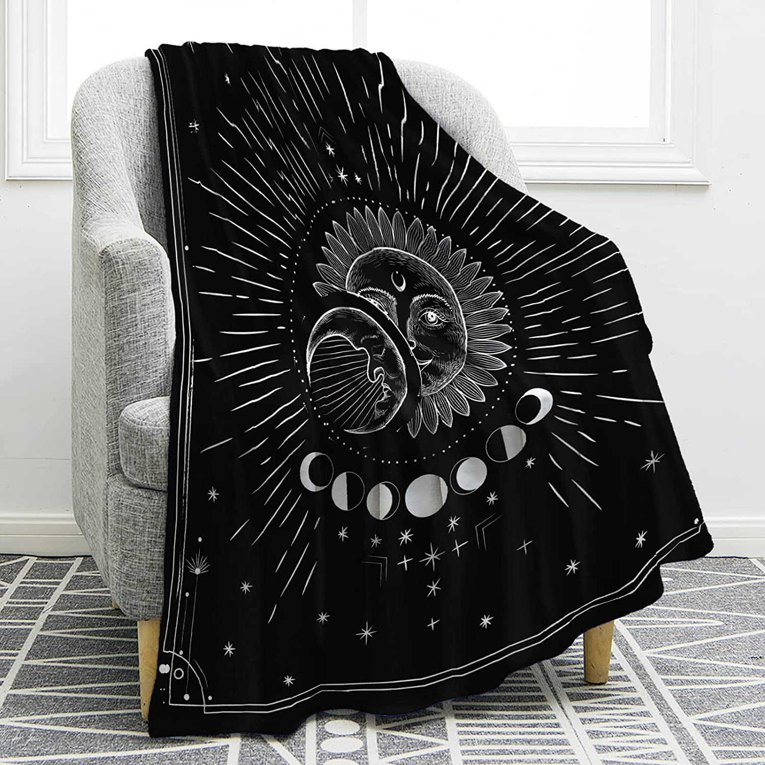 Sun Moon Blanket Stars Space Psychedelic Black and White Print Throw ...