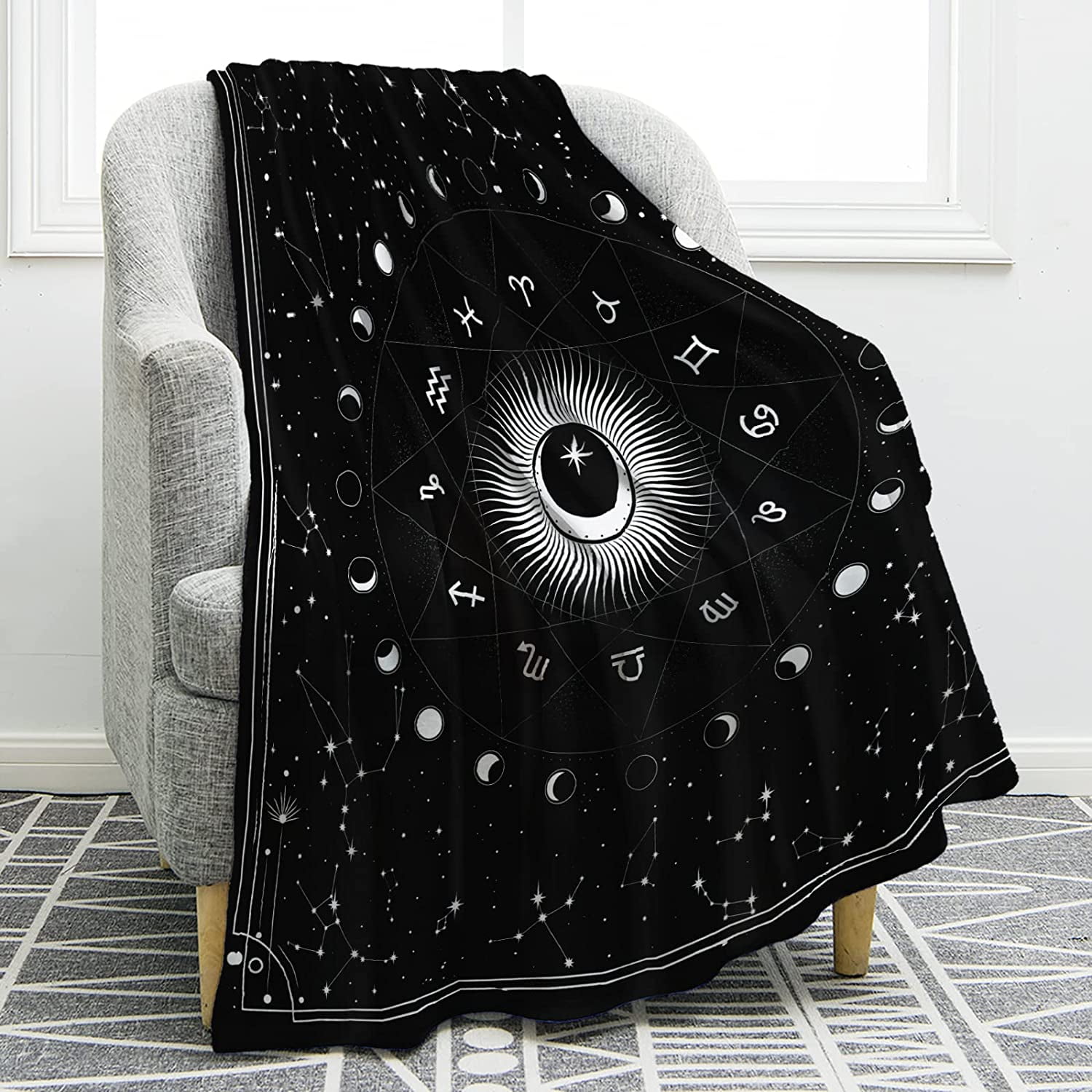 Sun Moon Blanket Stars Space Psychedelic Black and White Print Throw ...