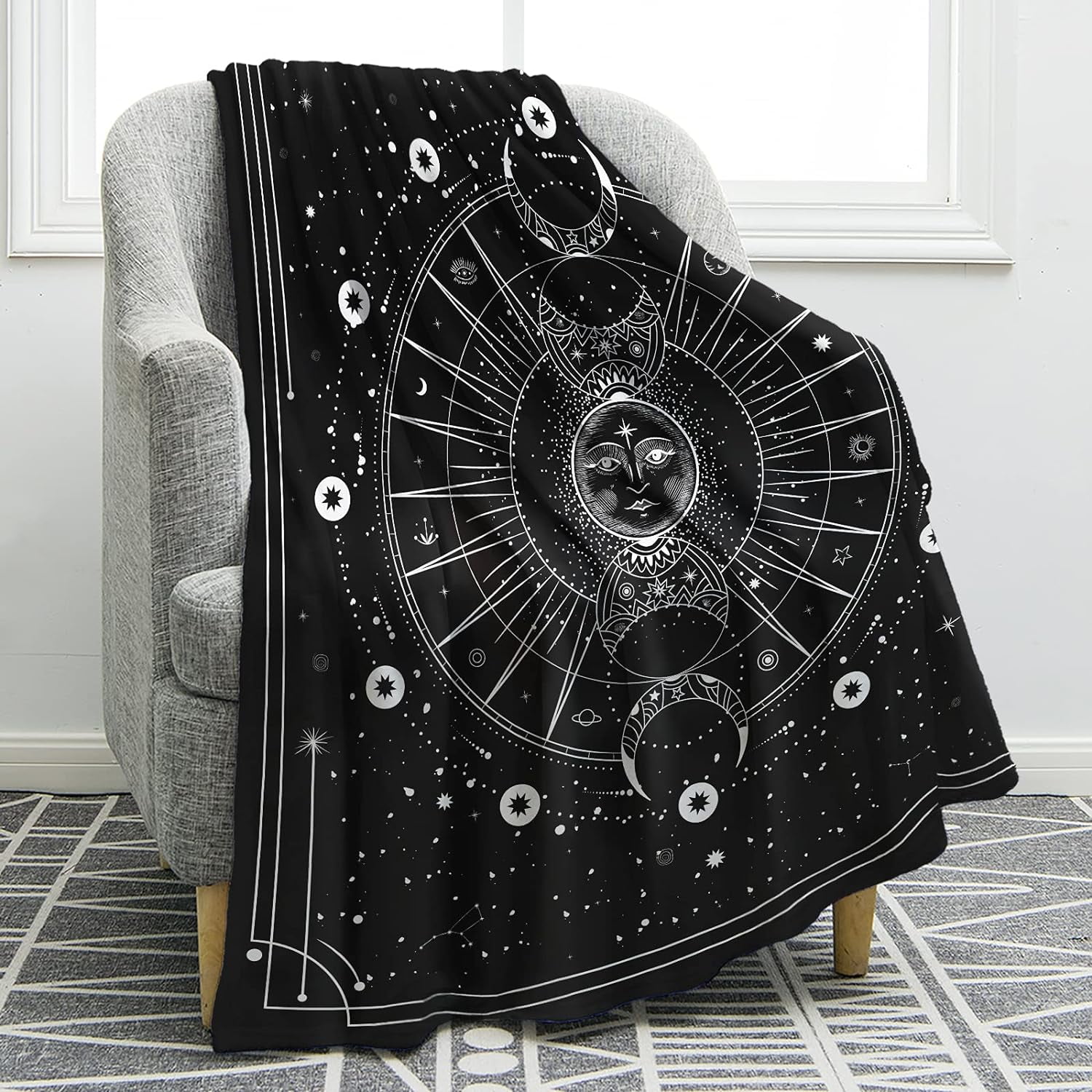 Sun Moon Blanket Stars Space Psychedelic Black and White Print Throw ...