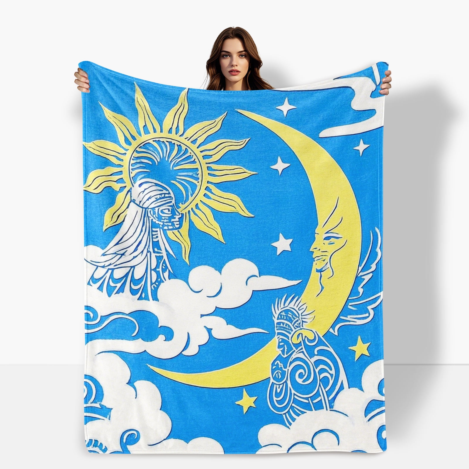 Sun Moon Blue White Cloud Flannel Blanket Soft Warm Comfortable For ...
