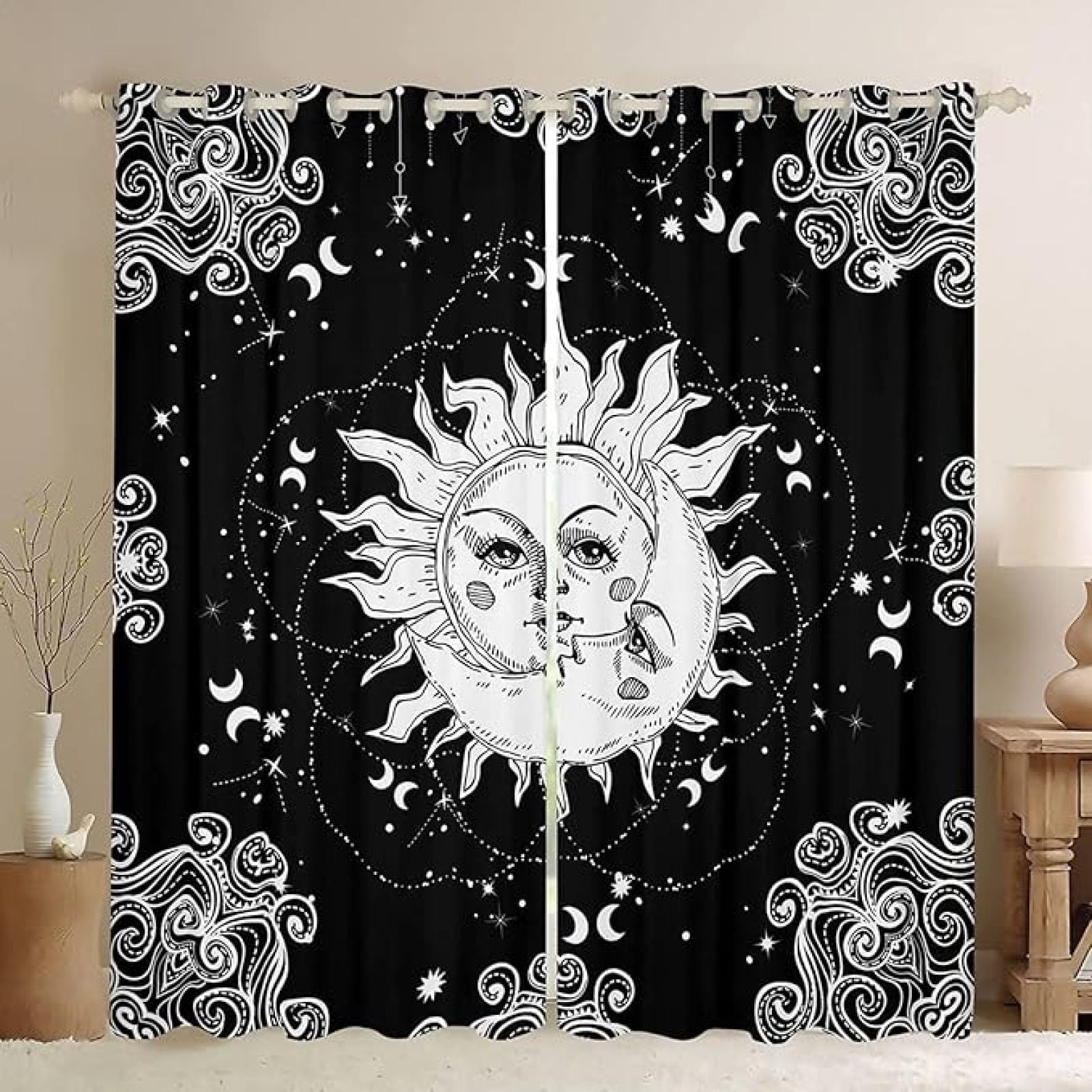 Sun Moon Boho Blackout Curtains, 3D Psychedelic Galaxy Stars Print ...