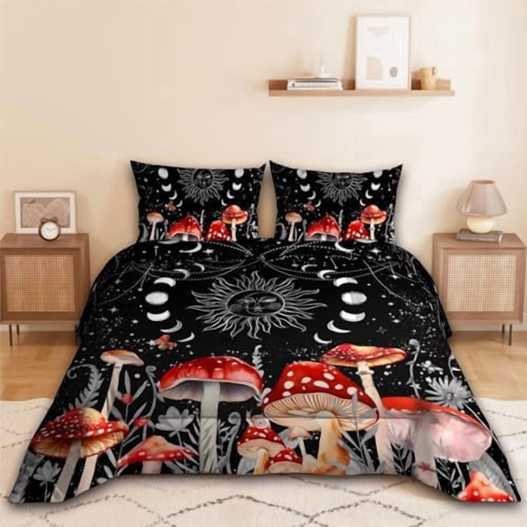 Sun Moon Boho Mushroom Comforter Sets for Kids Adults,3D Pattern Black ...