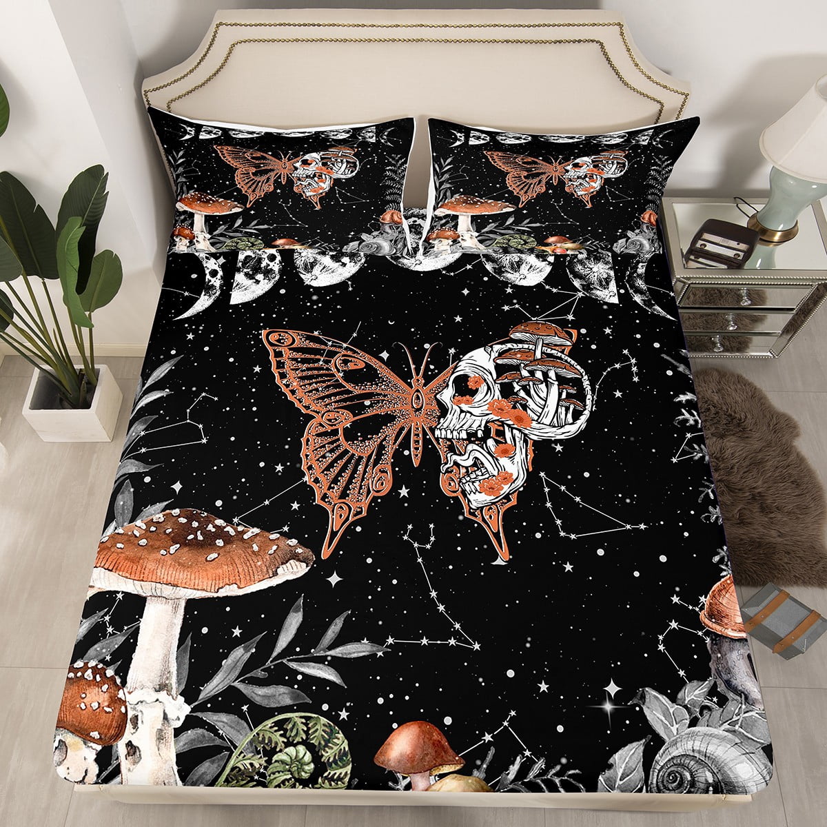 Sun Moon Butterfly Fitted Sheet Boho Mushrooms Exotic Plants Bedding ...