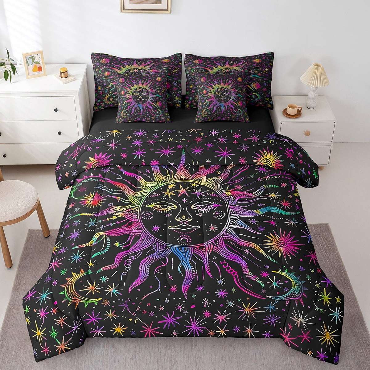 Sun And Moon Comforter 7 Pieces Boho Decor Bedding Set Teens,Watercolor ...