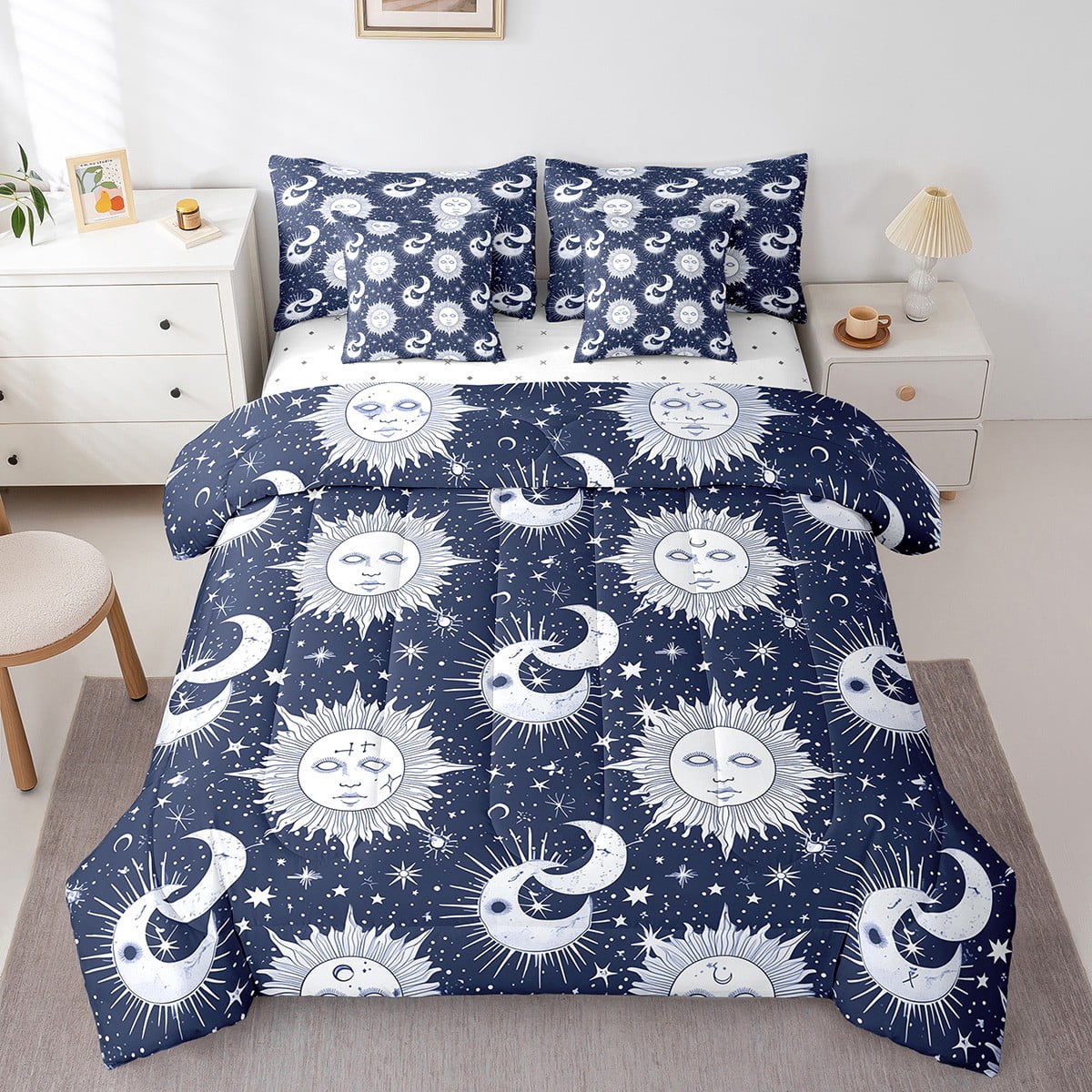 Sun And Moon Comforter Blue Glitter Starry Sky Bed In A Bag Queen ...