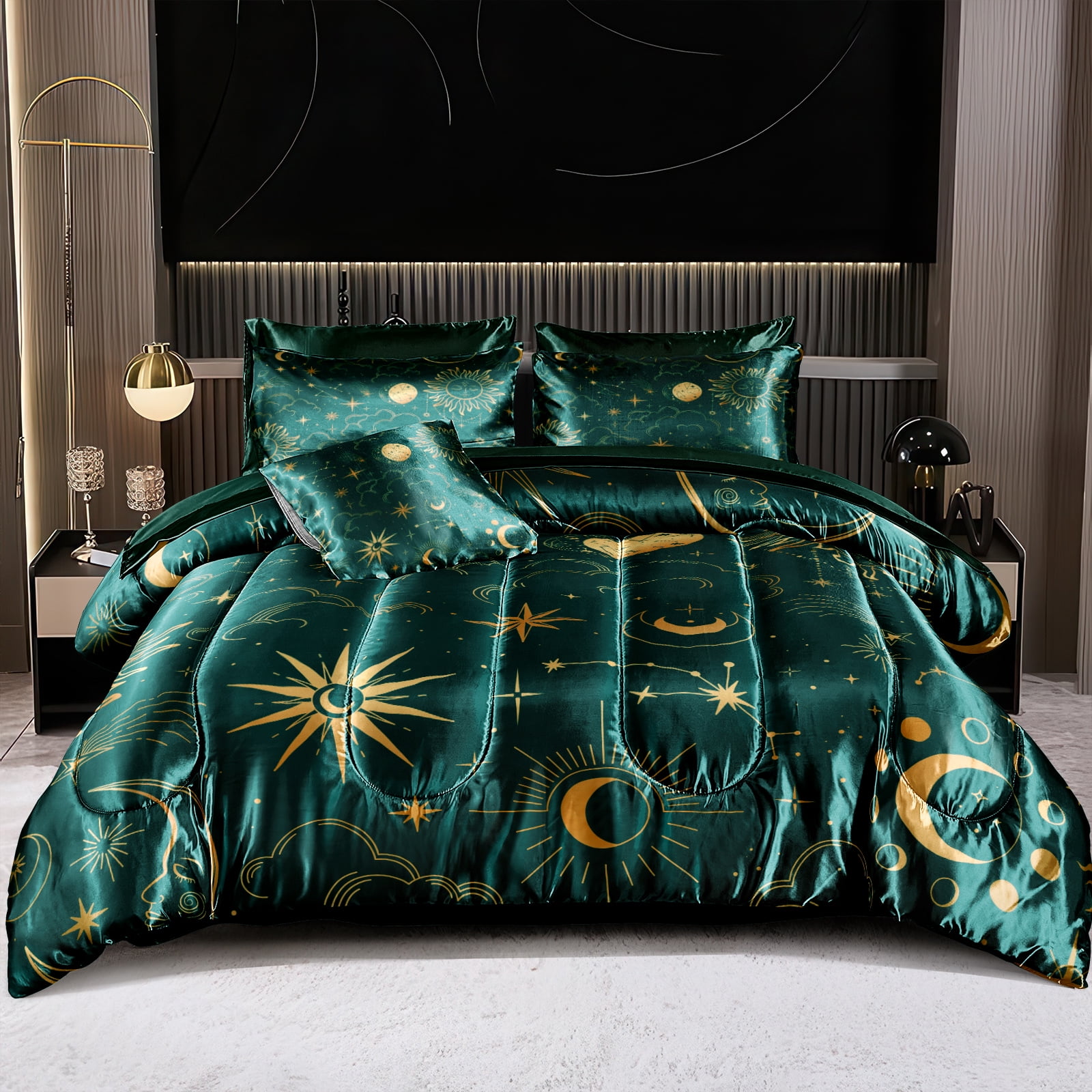 Sun and Moon Comforter Set Blue Green Satin Bedding Set Stars Cloud ...