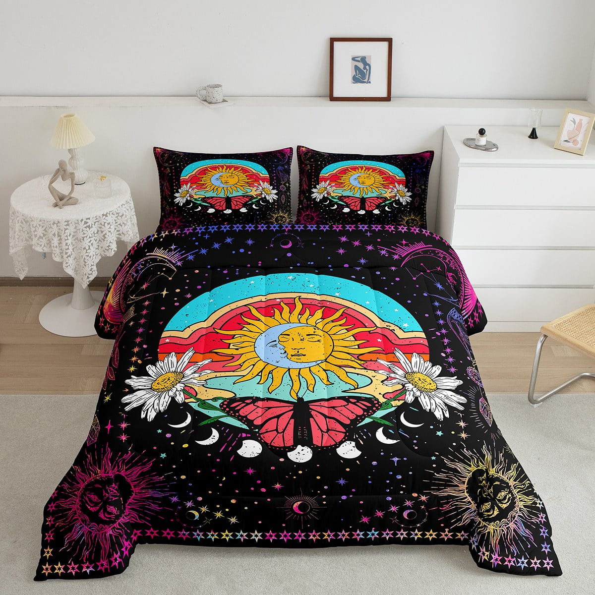 Sun and Moon Comforter Set Boho Butterfly Design Decor Bedding ...