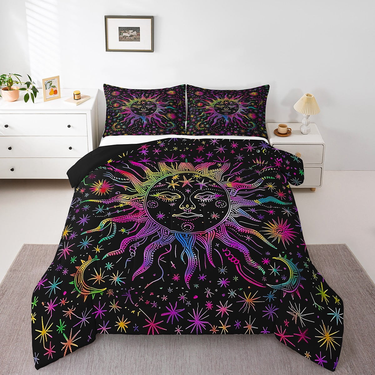 Sun And Moon Comforter Set Boho Decor Bedding Set Teens,Watercolor ...