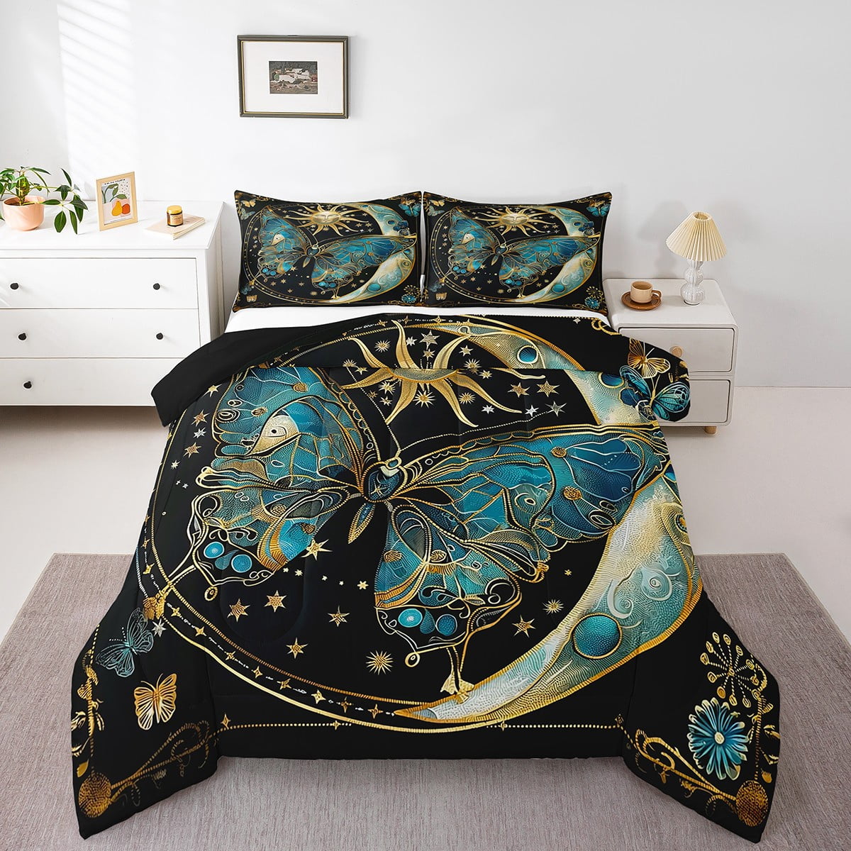 Sun and Moon Comforter Set Butterfly Print Bedding Sets Bohemian Gothic ...