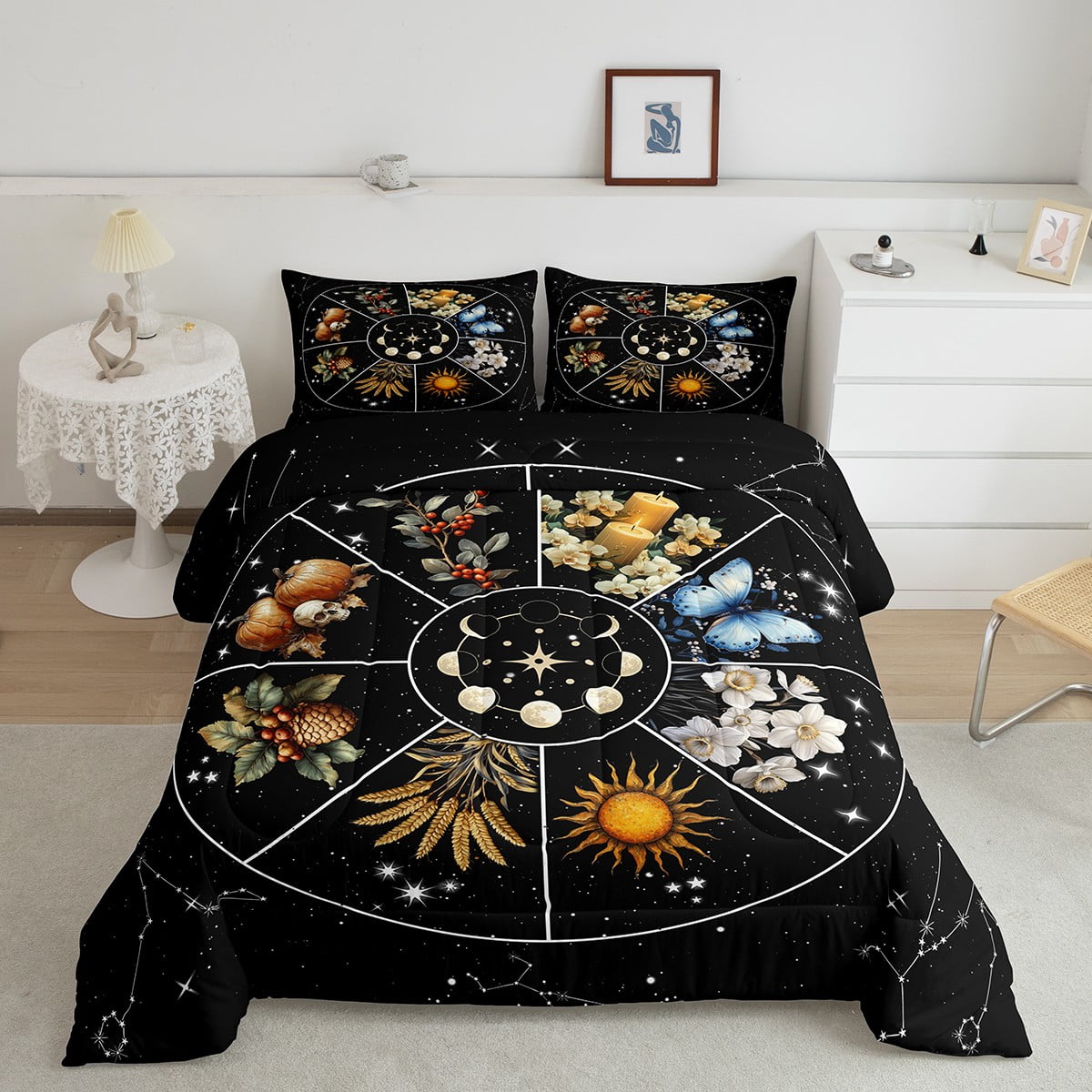 Sun and Moon Comforter Set Twin Size,Rustic Floral Plants Bedding Sets ...