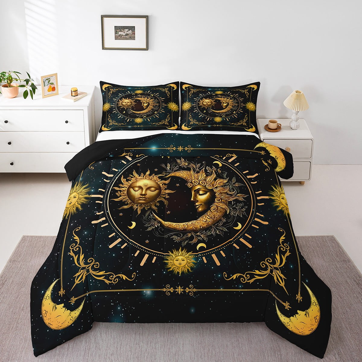 Sun and Moon Comforter Set Galaxy Bohemian Down Comforter,Exotic Gold ...
