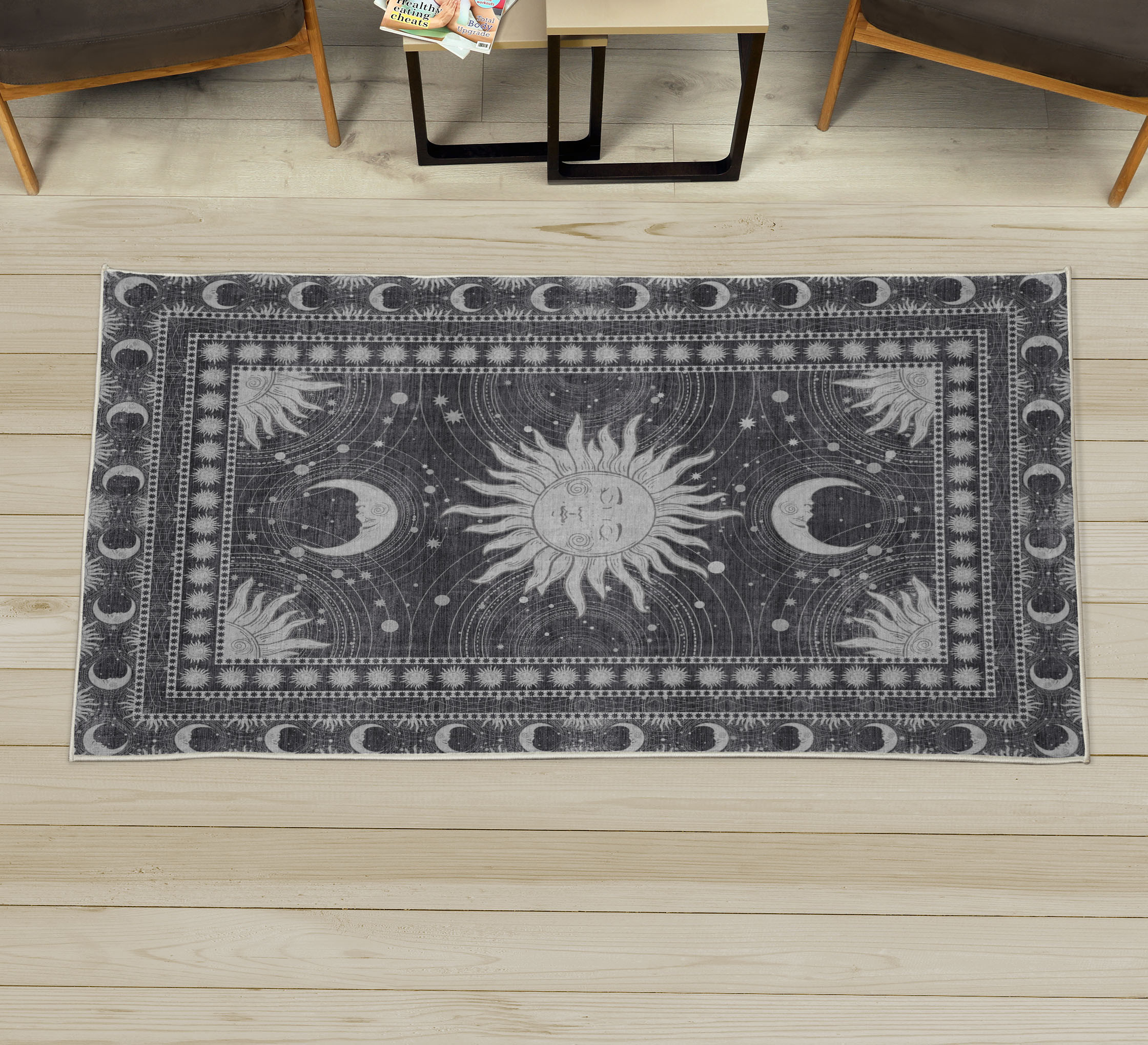 Sun and Moon Decorative Rug, Bohemian Occult Design of Crescent Solar ...