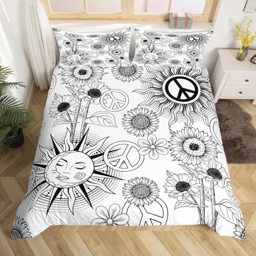 Sun and Moon Duvet Cover Set King Size,Peace Sign Boho Hippie Bedding ...