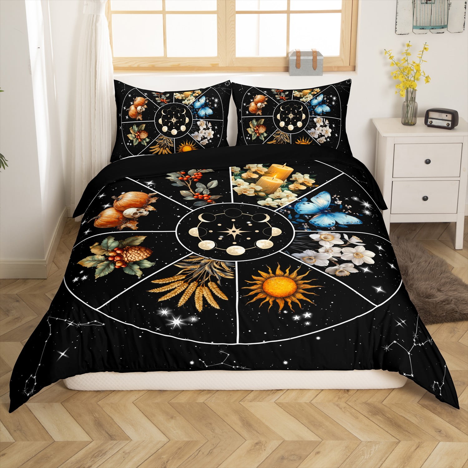 Sun and Moon Duvet Cover Set King Size,Rustic Floral Plants Bedding ...