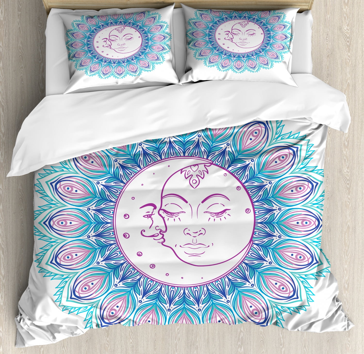 Sun and Moon Duvet Cover Set Queen Size, Colorful Mandala with Heavenly ...