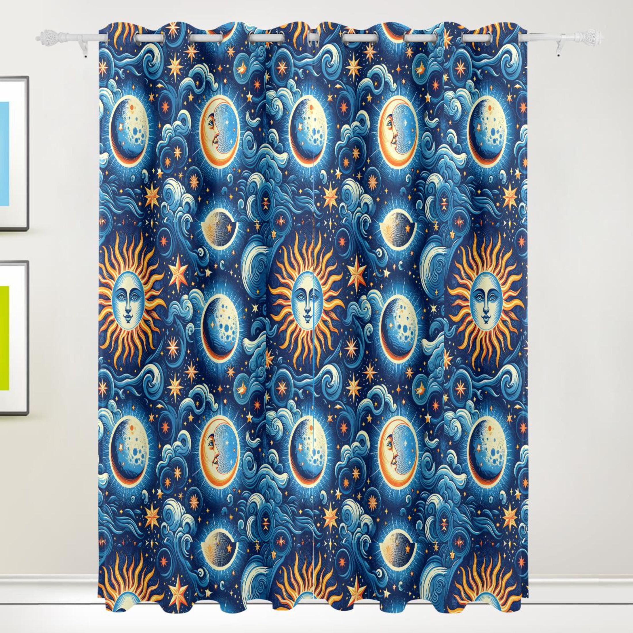 Sun Moon Face and Swirling Clouds Blackout Curtains 2 Panels Set ...