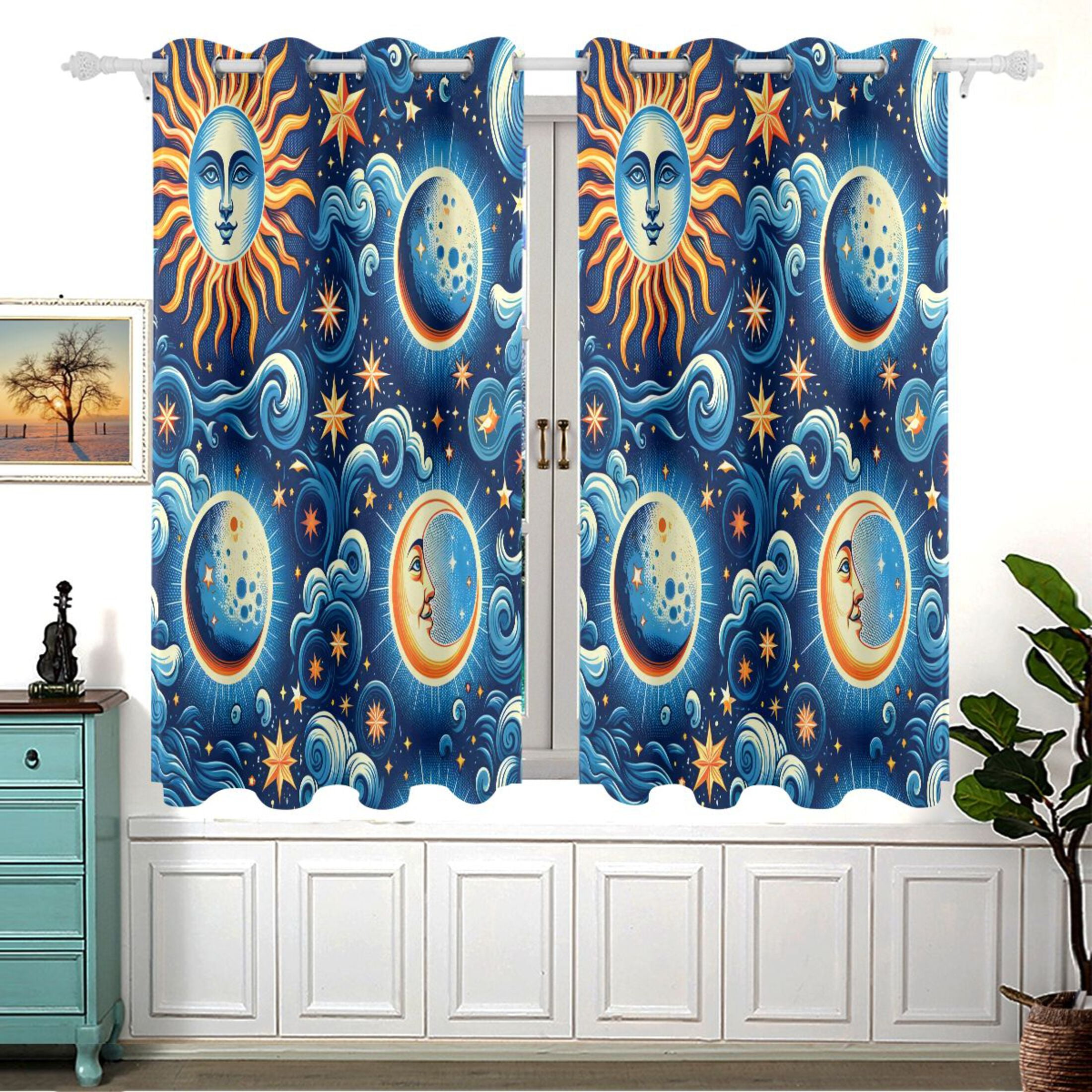 Sun Moon Face and Swirling Clouds Blackout Curtains 54 inch Length 2 ...