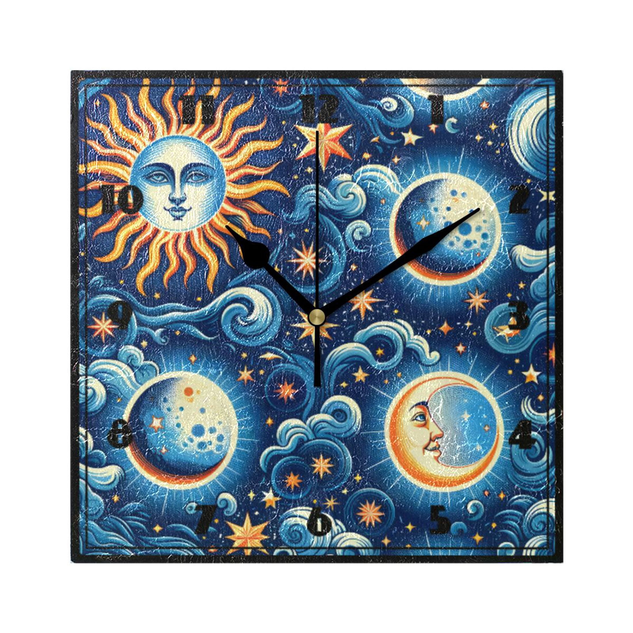Sun Moon Face and Swirling Clouds Wall Clock 7.78" Non-Ticking Silent ...