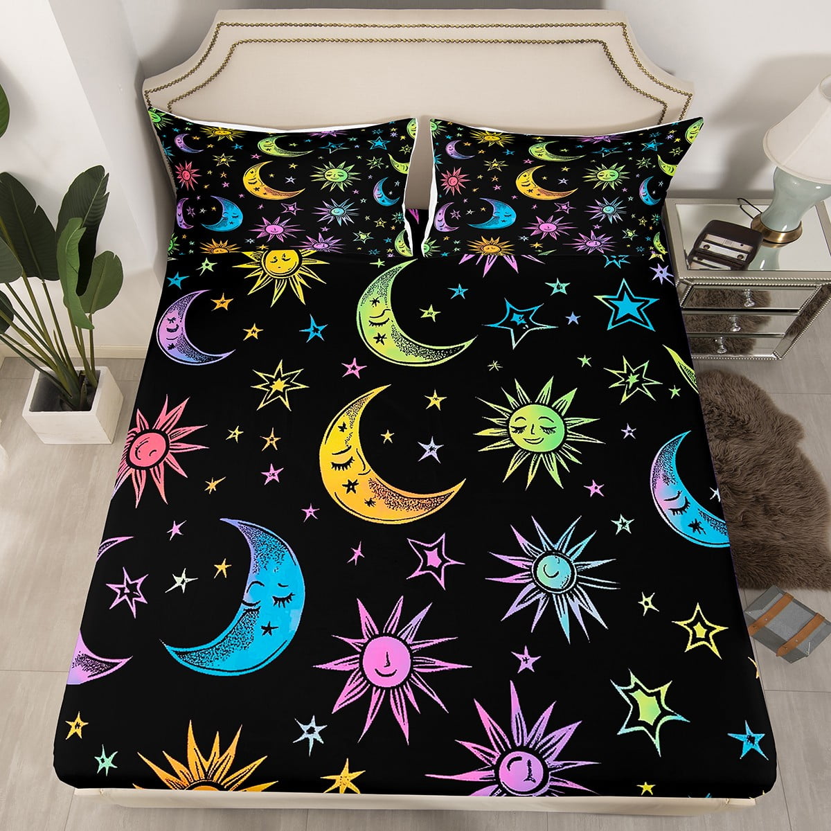 Sun And Moon Full Bed Sheets,Boho Sun Watercolor Fitted Sheet Bohemian ...