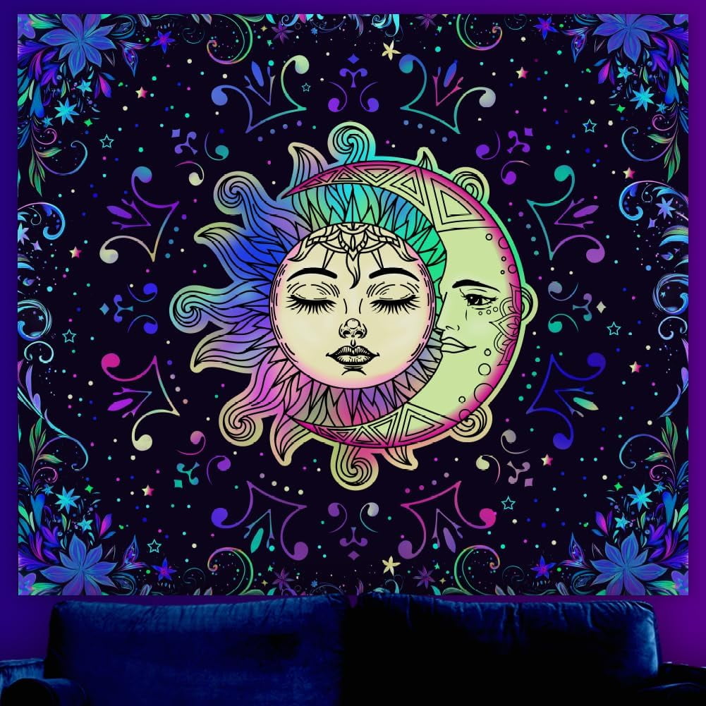 Sun and Moon Glow in The Dark Tapestry Colorful Flowers UV Reactive ...