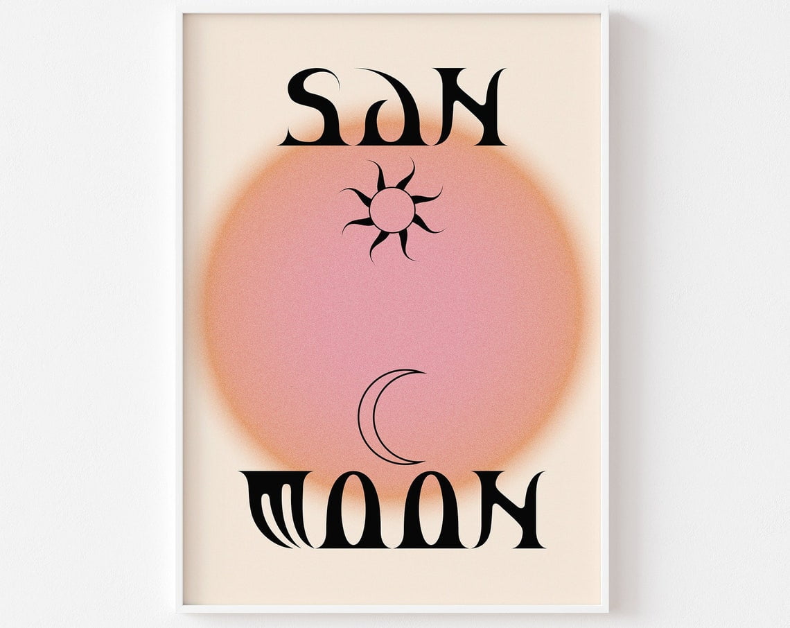 Sun Moon Gradient Energy Print - Boho Wall Art Poster, Minimalist Sun ...