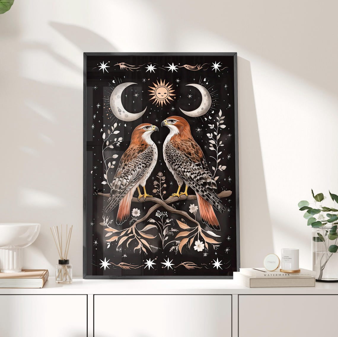 Sun Moon Hawk Wall Art, Folk Art Bird Decor, Unframed Paper Print Size ...